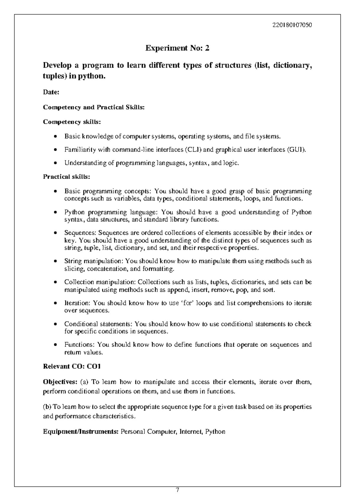 220180107050 Experiment 2: Learning Python Data Structures - Studocu