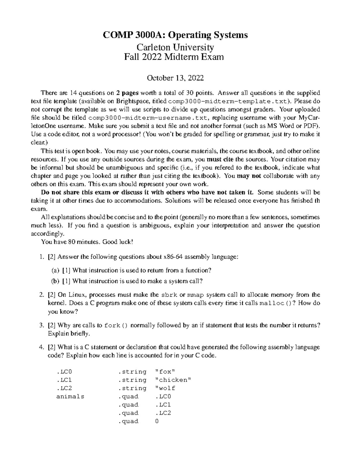 Comp3000-midterm-2022f - COMP 3000A: Operating Systems Carleton University Fall 2022 Midterm ...