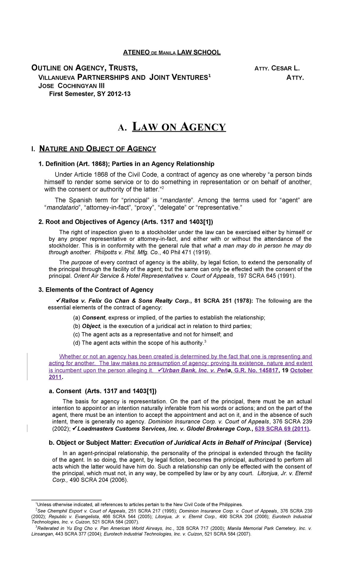 Agency Law Outline (LAW 101) - Villanueva's Comprehensive Guide - Studocu