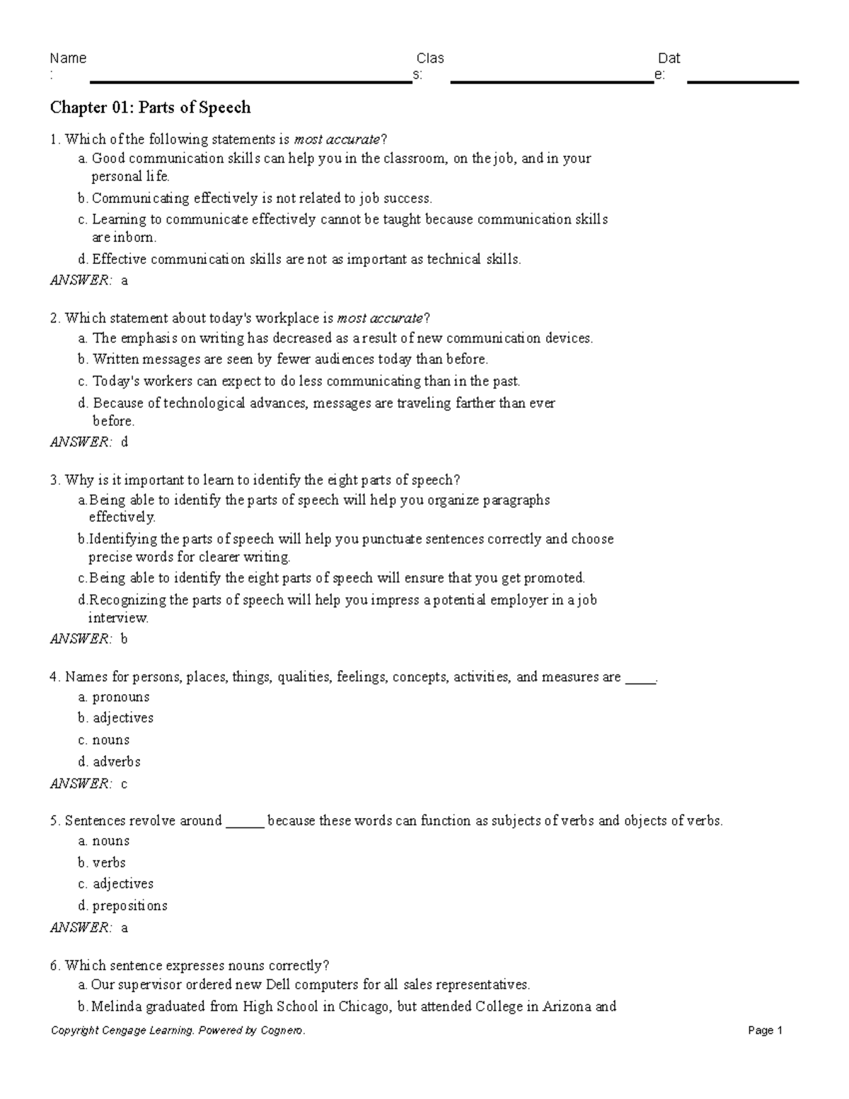 Test Bank for 9780357033784: Chapter 01 - Parts of Speech Analysis ...