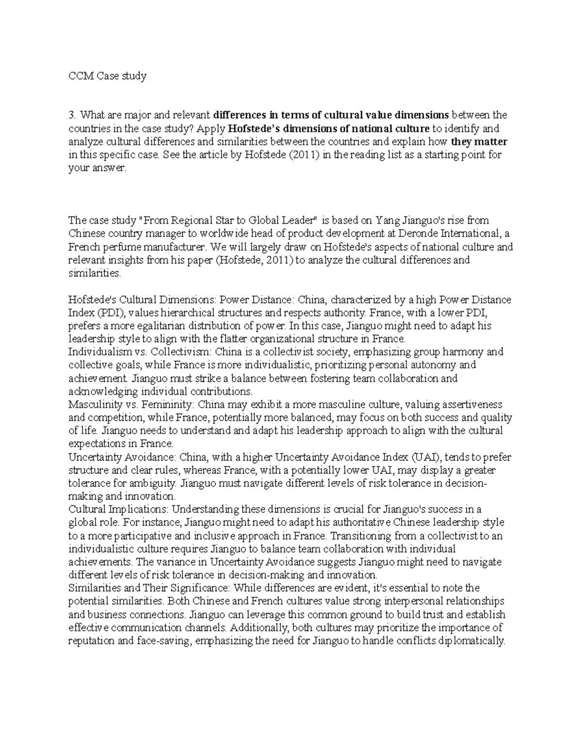 CCM Case Study: Analyzing Cultural Differences via Hofstede's ...