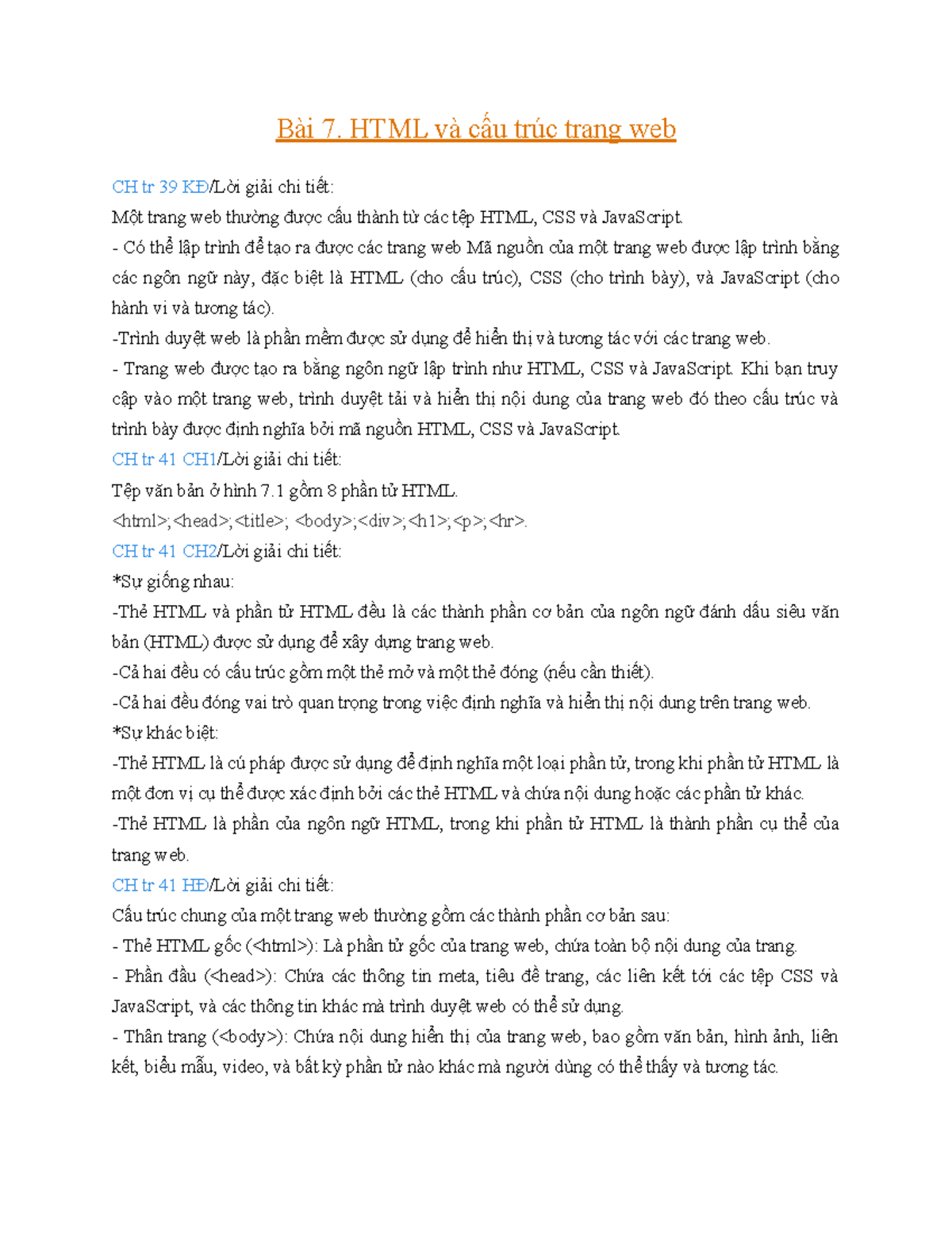 Bài 7. HTML và Cấu Trúc Trang Web - Giải Chi Tiết CH tr 39-56 - Studocu