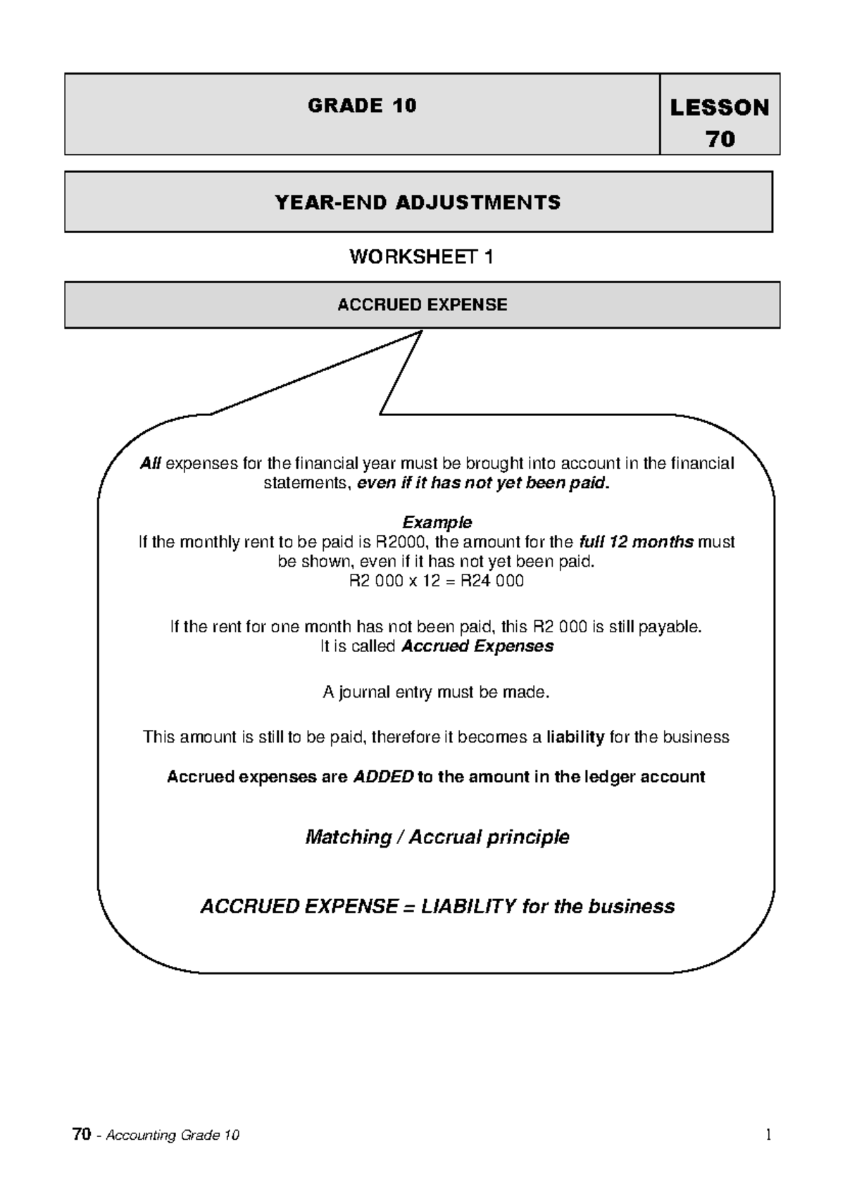 GRADE 10 ACCOUNTING LESSON 70 ADJUSTMENTS WORKSHEET - Studocu