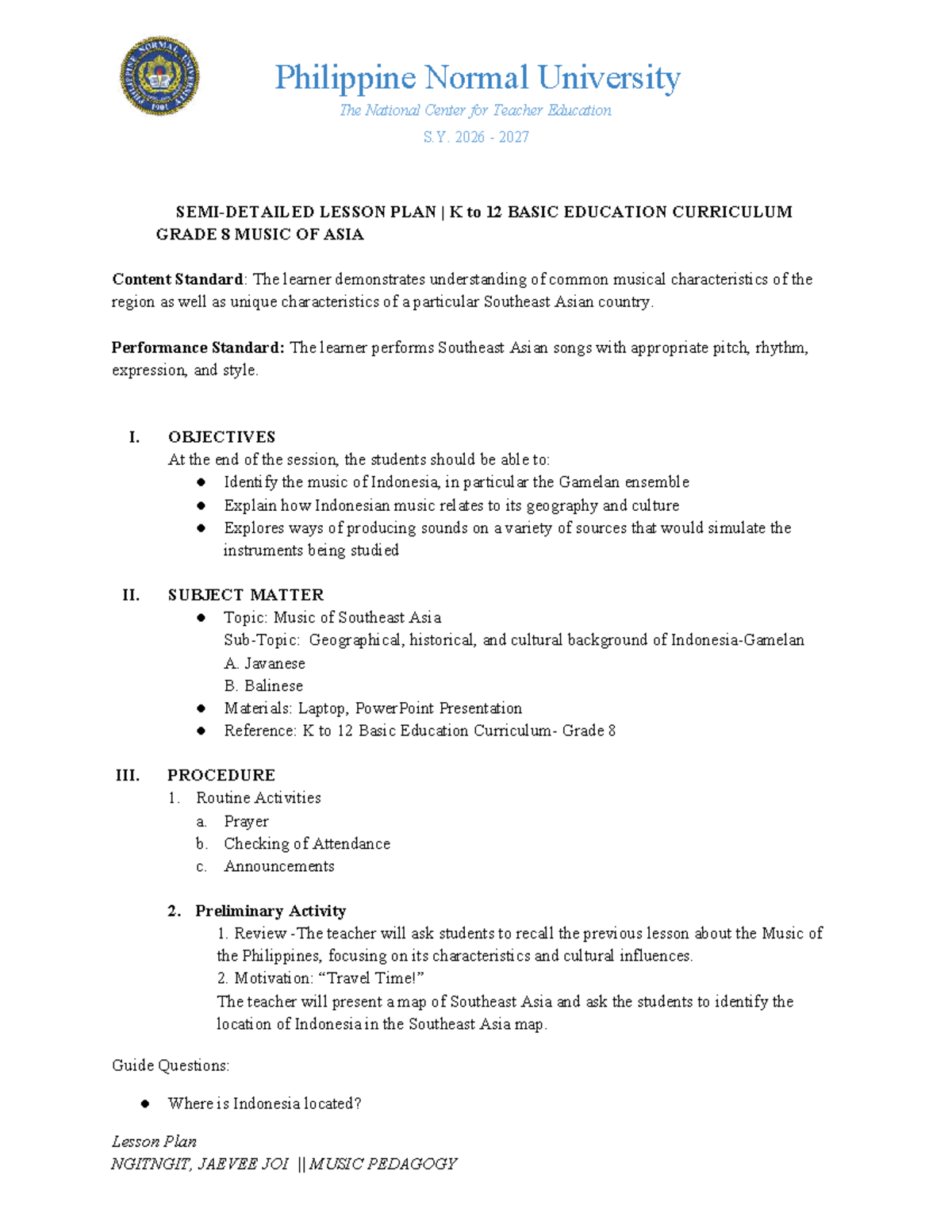 K to 12 G8 Music of Asia Lesson Plan: Gamelan & Southeast Asian Music ...
