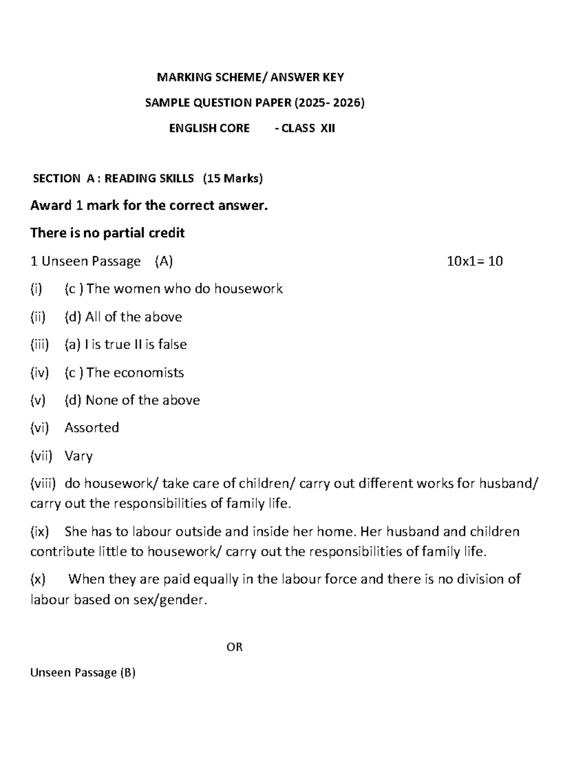 MARKING ANSWER KEY: SAMPLE QUESTION PAPER 2026 ENGLISH CORE CLASS XII ...