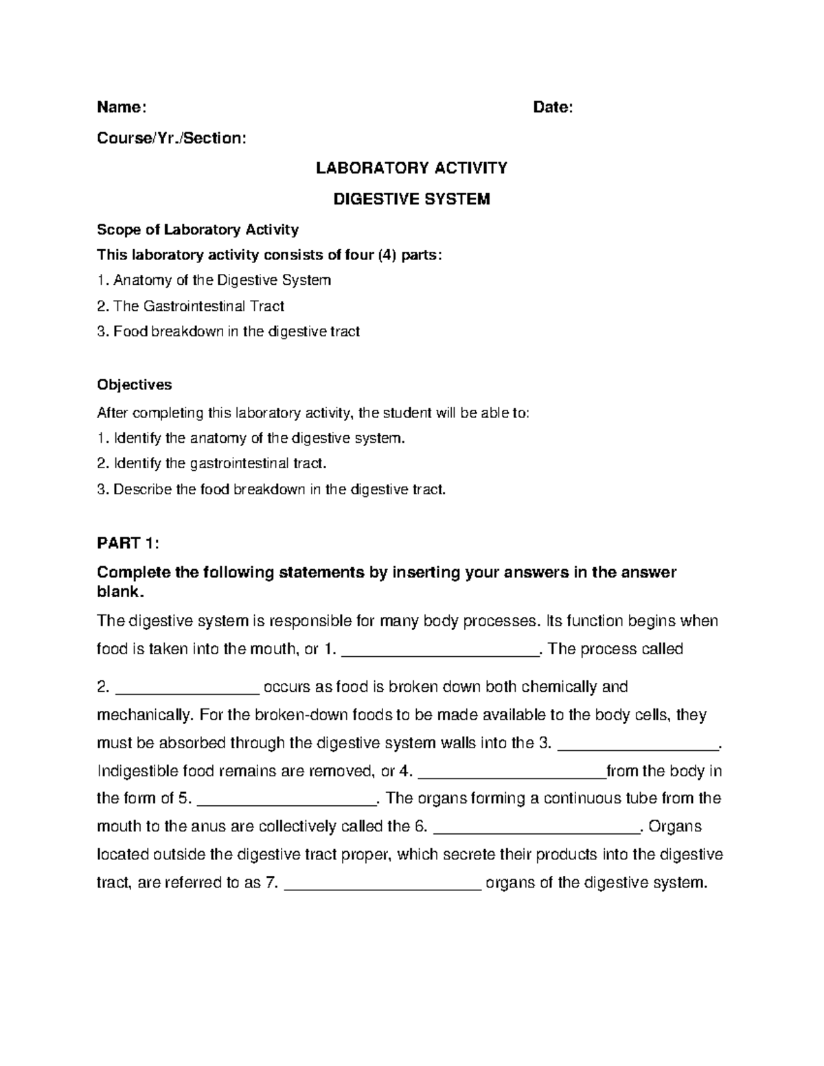 ANPH 111 Lab Activity: Digestive System Overview & Exercises - Studocu