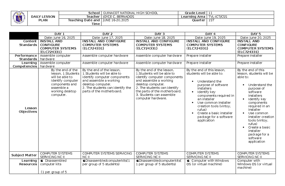 DAILY LESSON PLAN: INSTALL & CONFIGURE COMPUTER SYSTEMS (ELC724331 ...