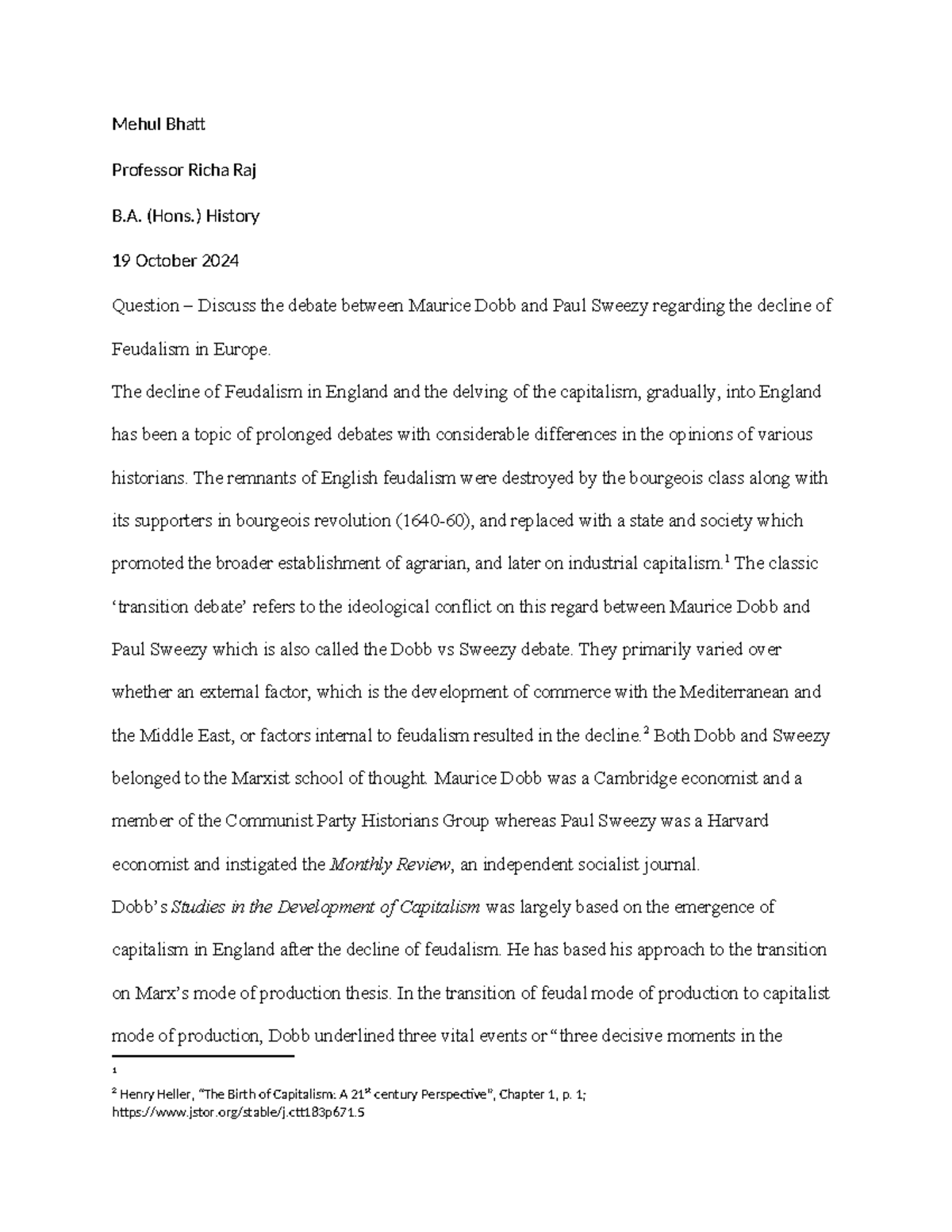 B.A. (Hons.) History: Dobb vs Sweezy Debate on Feudalism Decline - Studocu