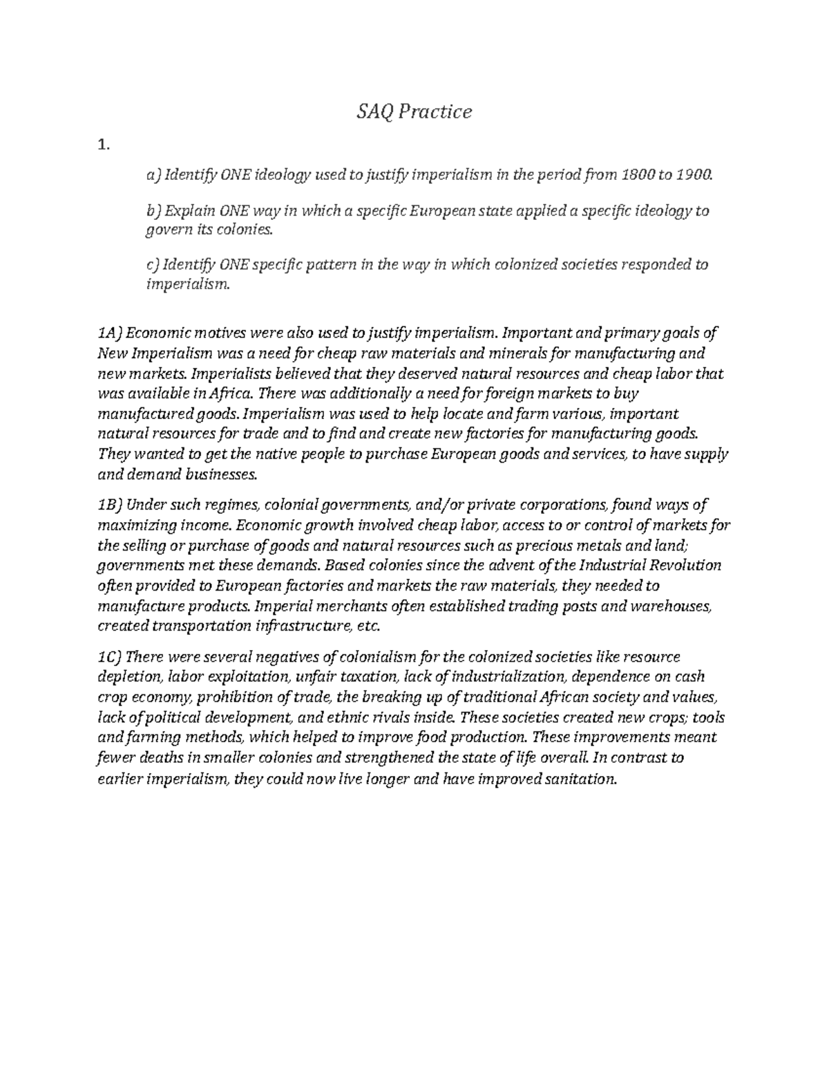 SAQ Practice on Imperialism: Ideologies and Responses (HIST 101) - Studocu