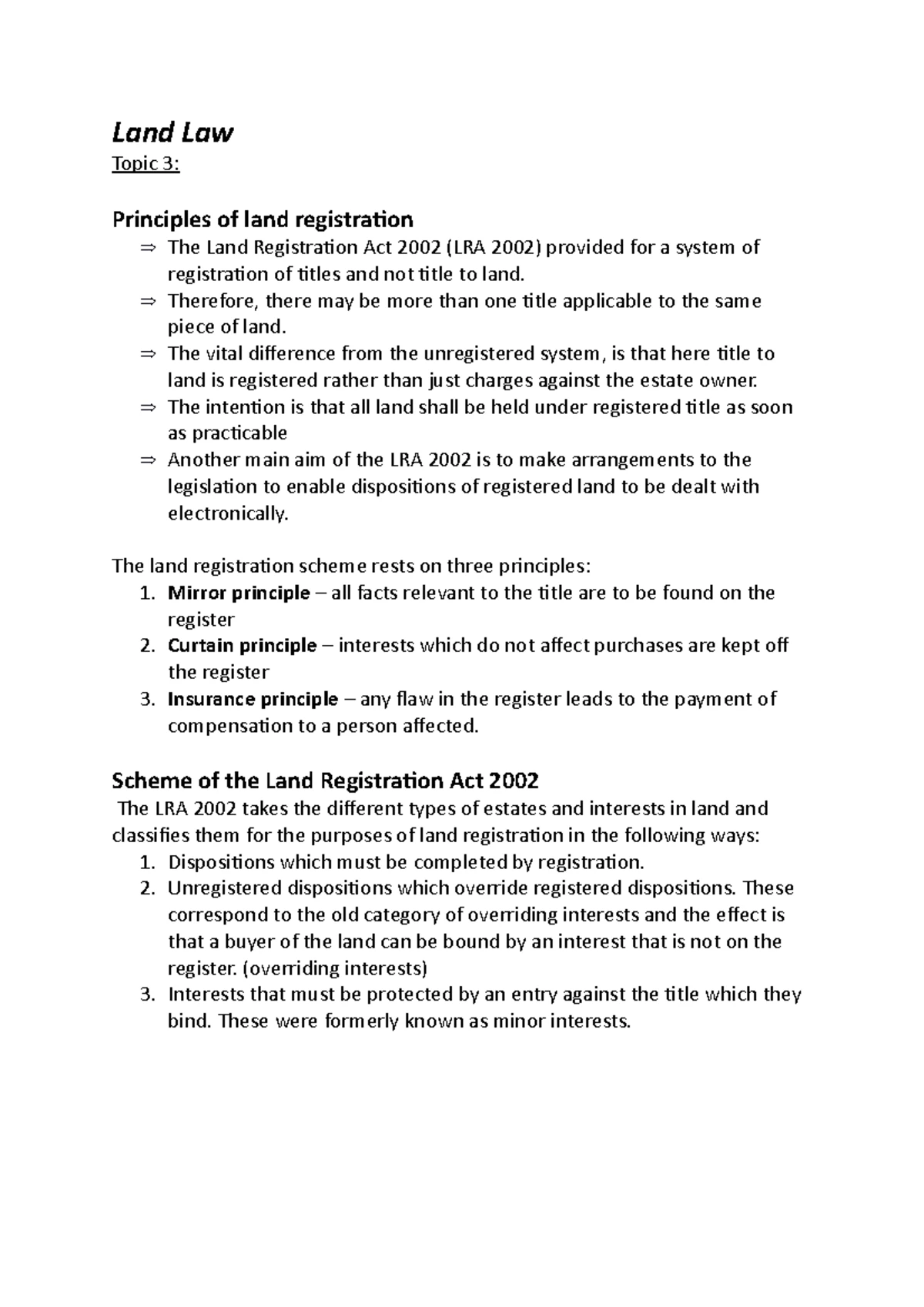 Land Law topic 3 - notes - Land Law Topic 3: Principles of land ...