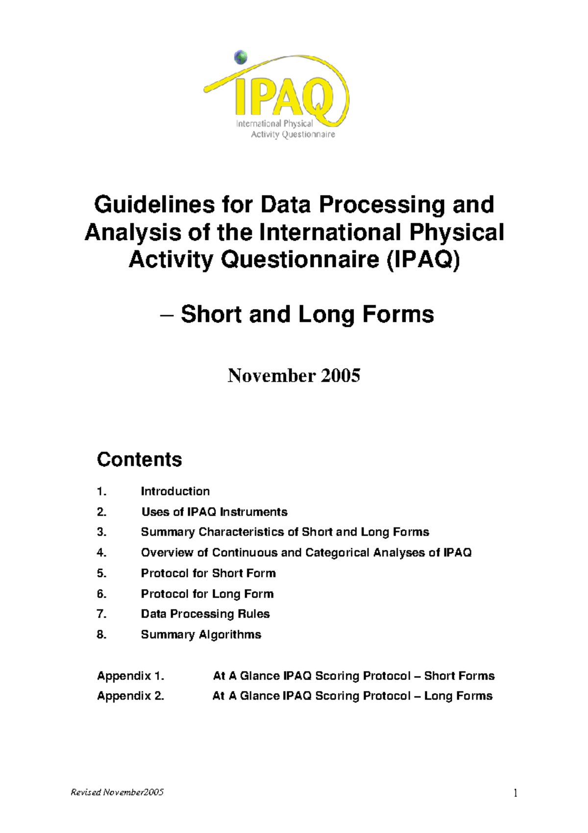 Guidelines for Data Processing & Analysis of IPAQ (Short & Long Forms ...