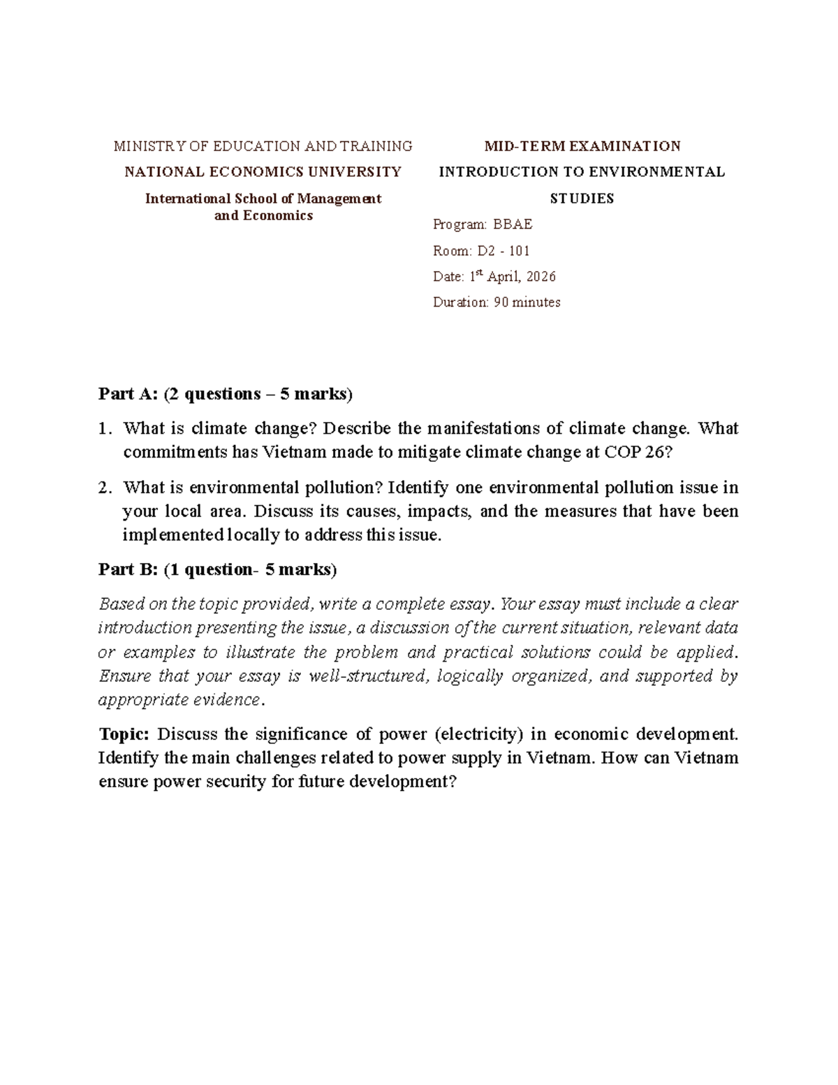Midterm Exam 2026: Environmental Studies & Economic Development - Studocu