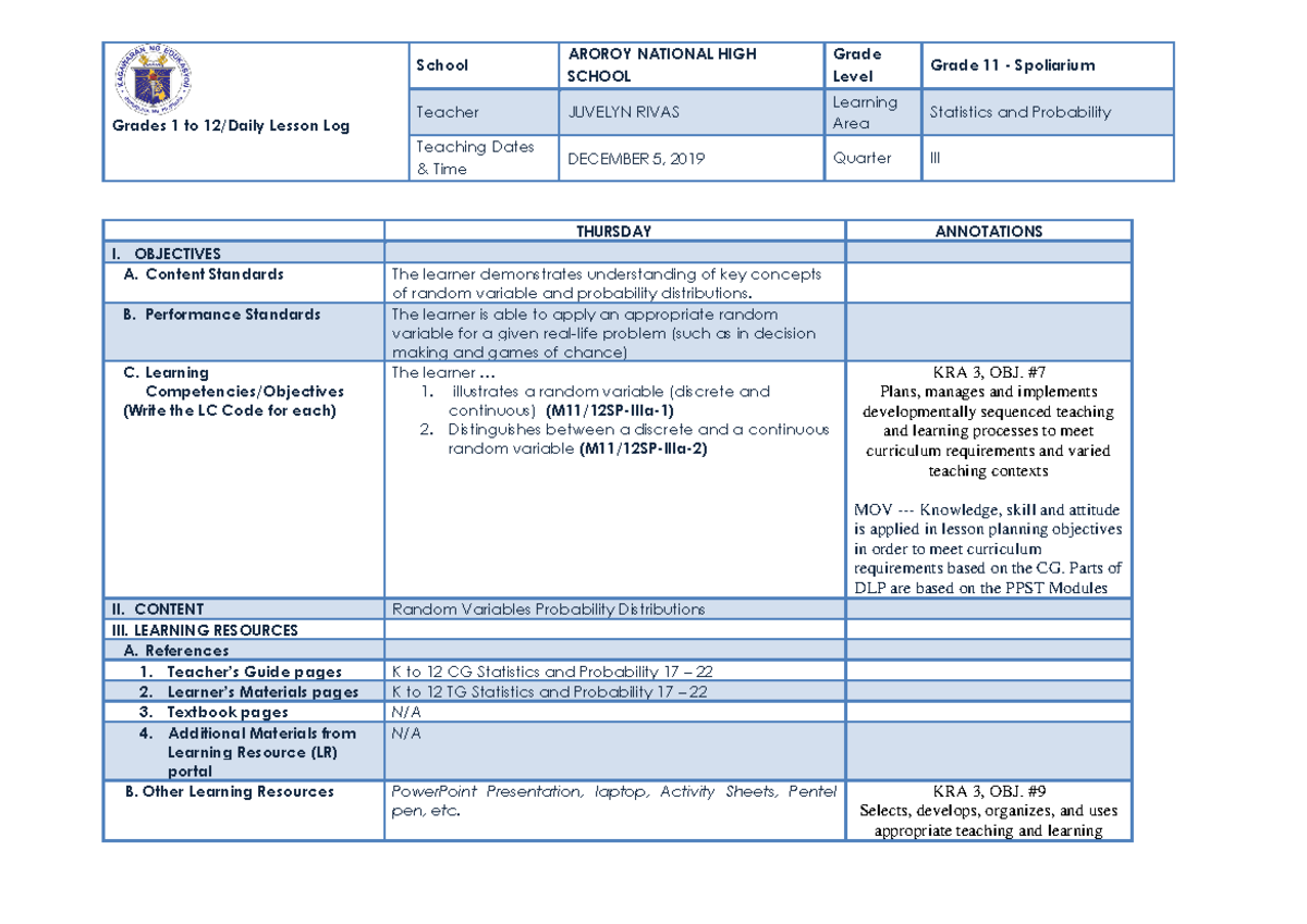 COT Q3 Lesson Log on Statistics & Probability: Random Variables ...