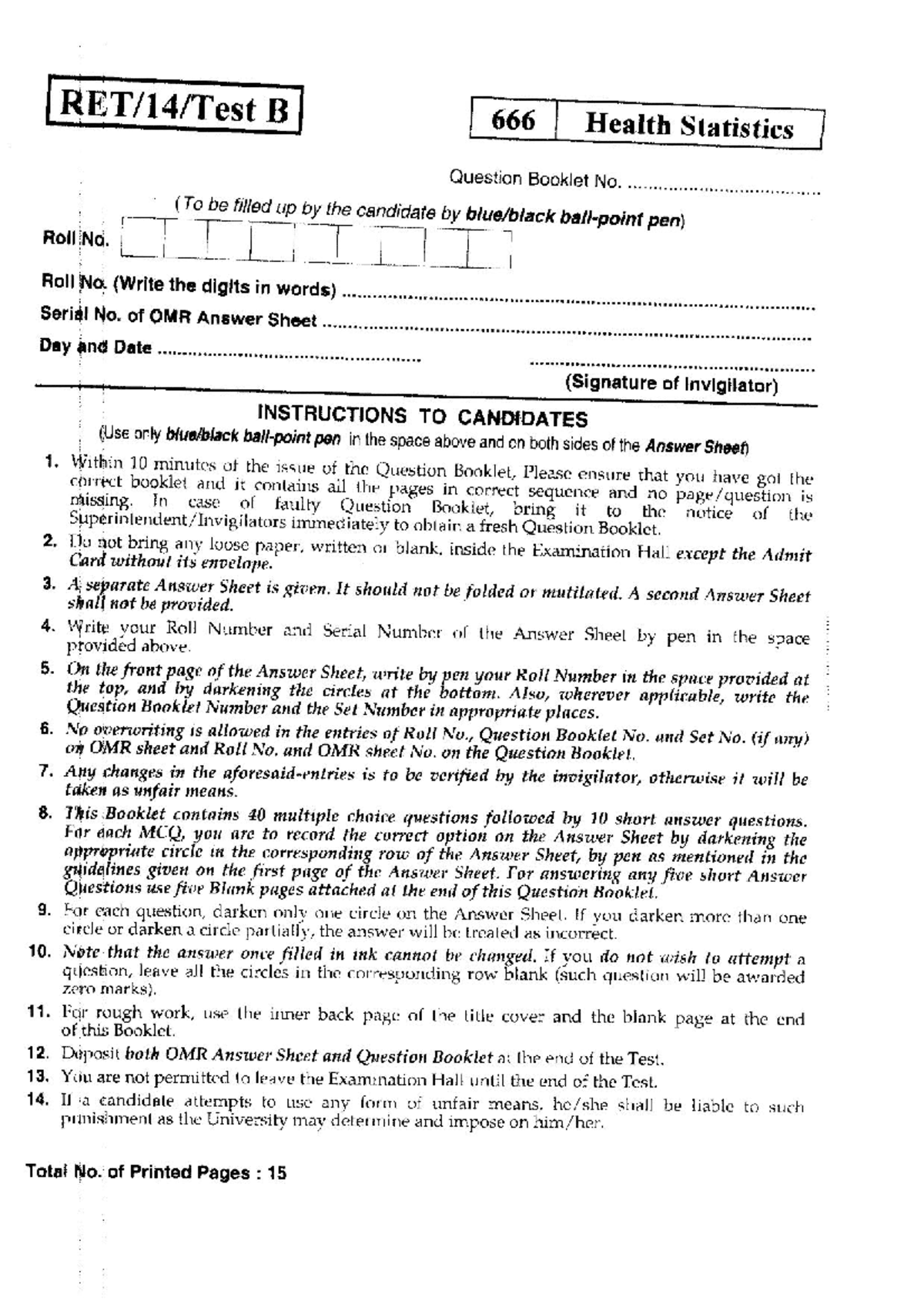Health Statistics (666) - B Health Statistics Question Booklet No. (To ...