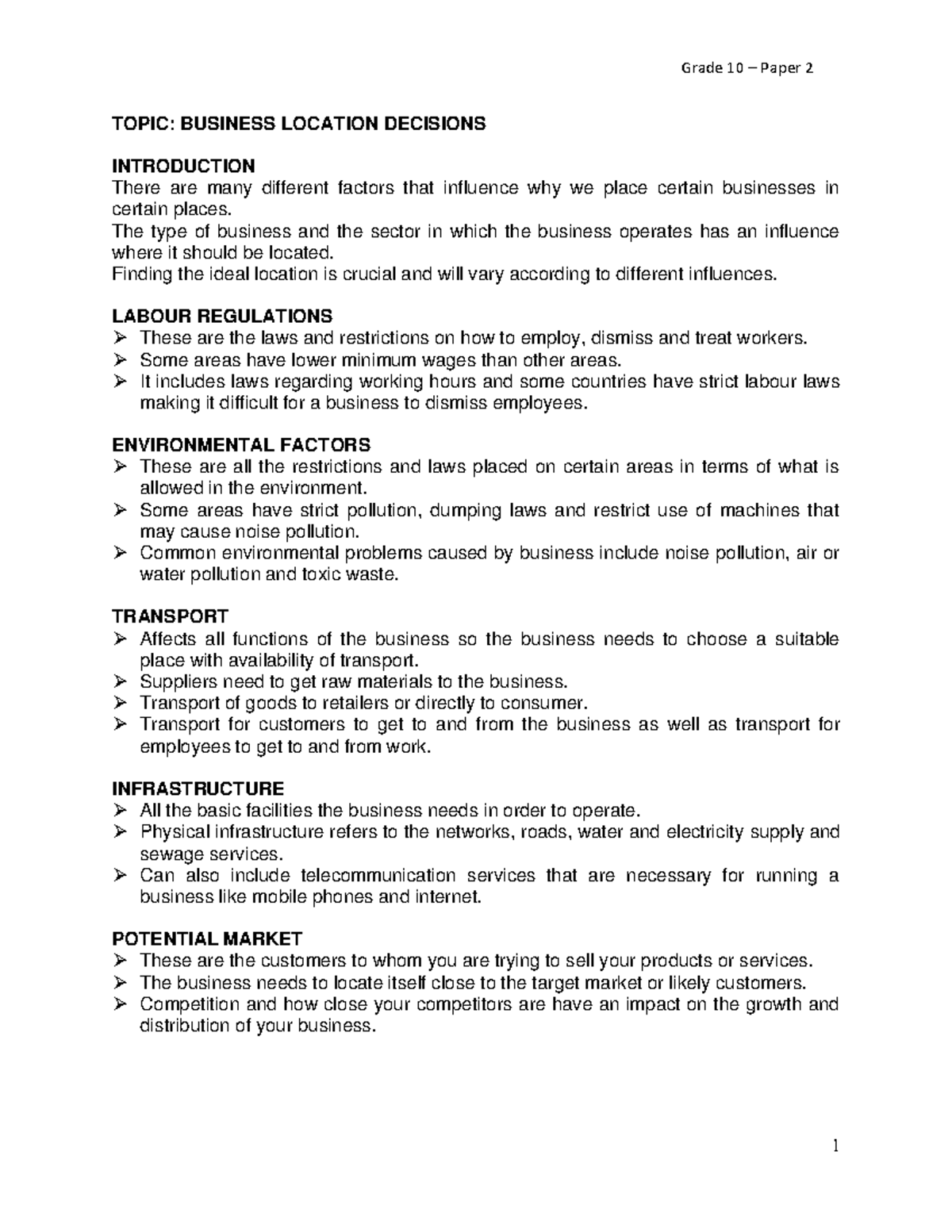 Grade 10 Business Location Decisions: Factors Influencing Site ...