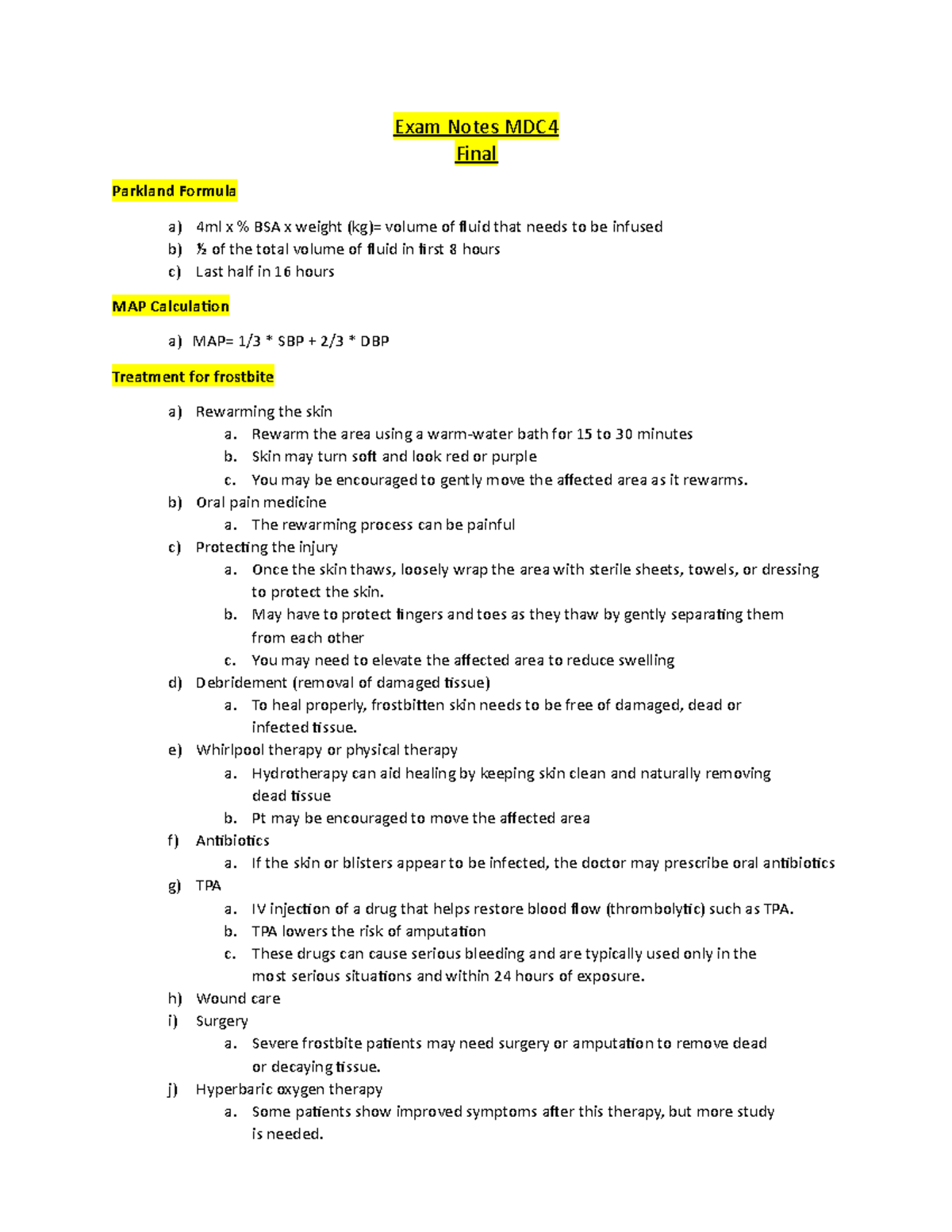 MDC4 Final Study Guide - Exam Notes MDC Final Parkland Formula a) 4ml x ...