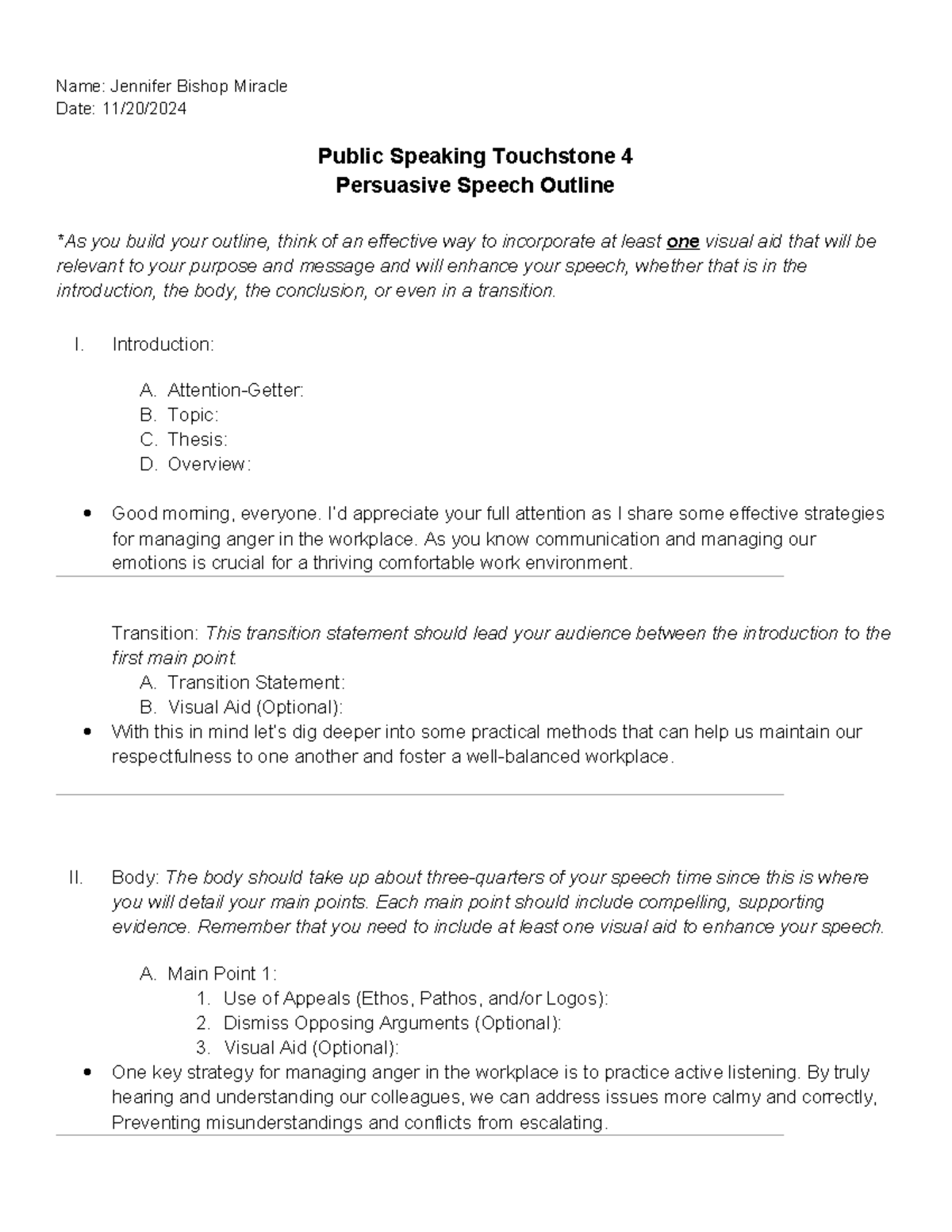 Public Speaking PSK 204: Persuasive Speech Outline (Touchstone 4) - Studocu
