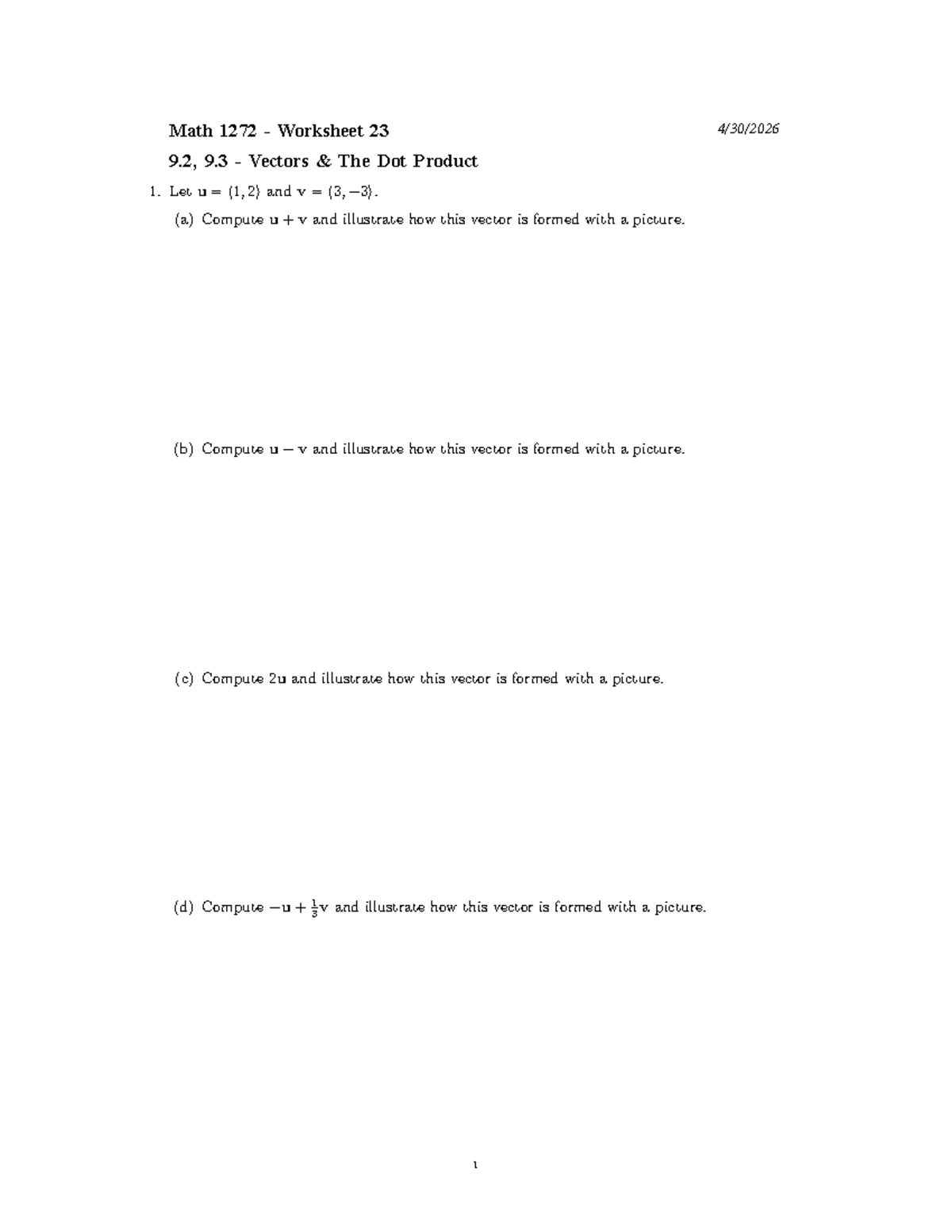 Math 1272 Worksheet 23: Vectors & Dot Product Exercises - Studocu