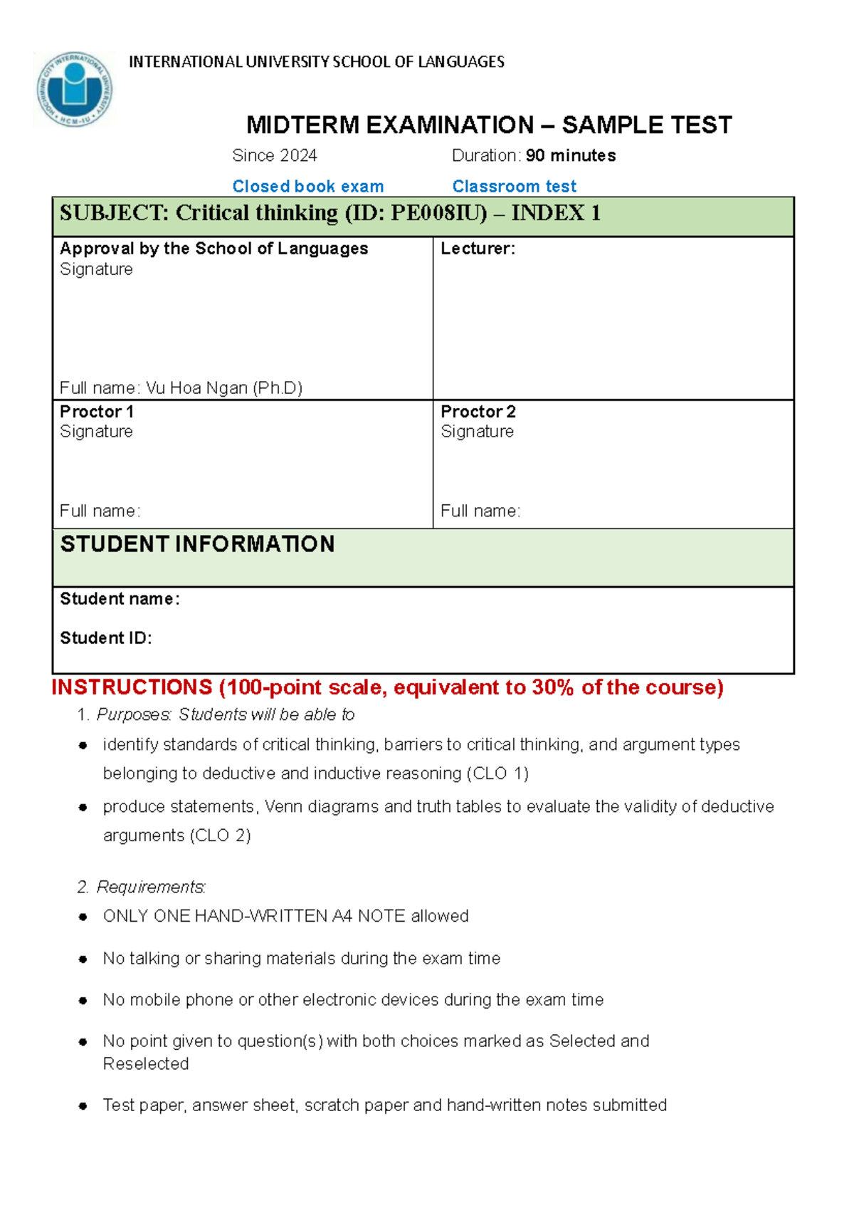 Critical Thinking Midterm Exam Sample Test (ID: PE008IU) - Studocu