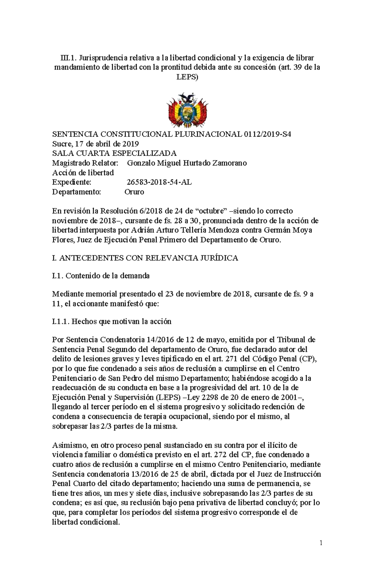SCP 0112-2019 -S4 III: Jurisprudencia sobre Libertad Condicional y ...