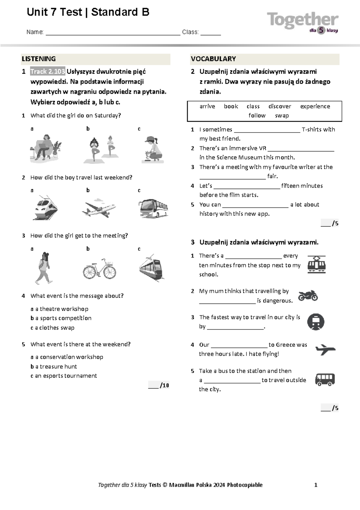 Unit 7 Listening Vocabulary Test - Class 5 - Studocu