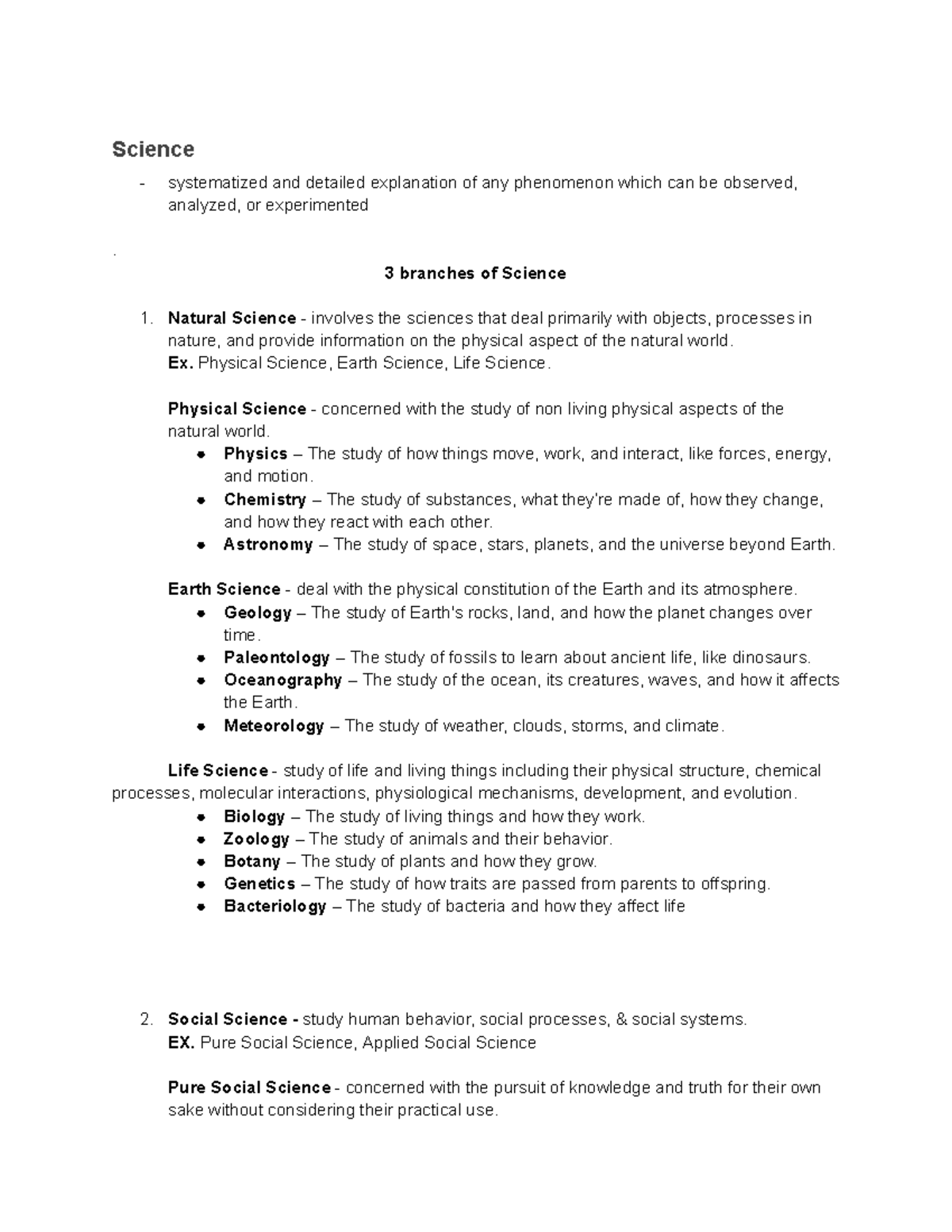 GEC108 - Comprehensive Science Study Notes: Branches & Definitions ...