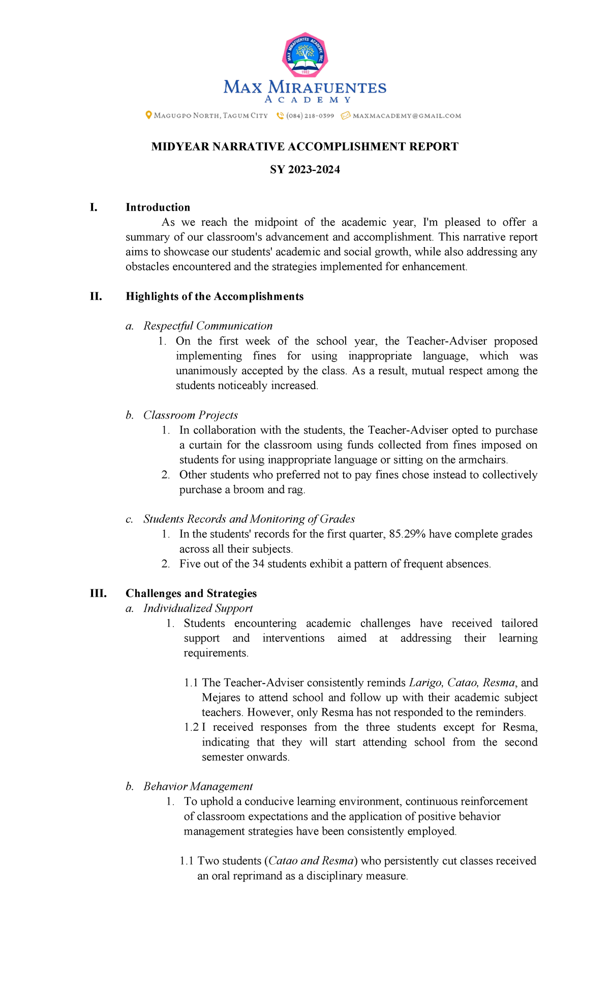 SY 2023 Midyear Narrative Accomplishment Report: Class Growth ...