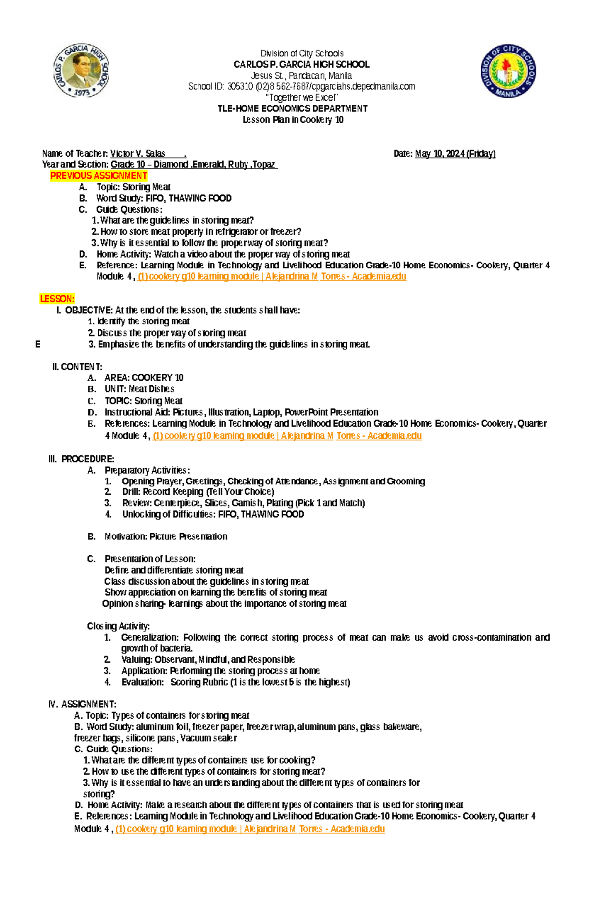 LP-COOKERY 10 WEEK 3 Storing Meat - Detailed Lesson Plan - Studocu