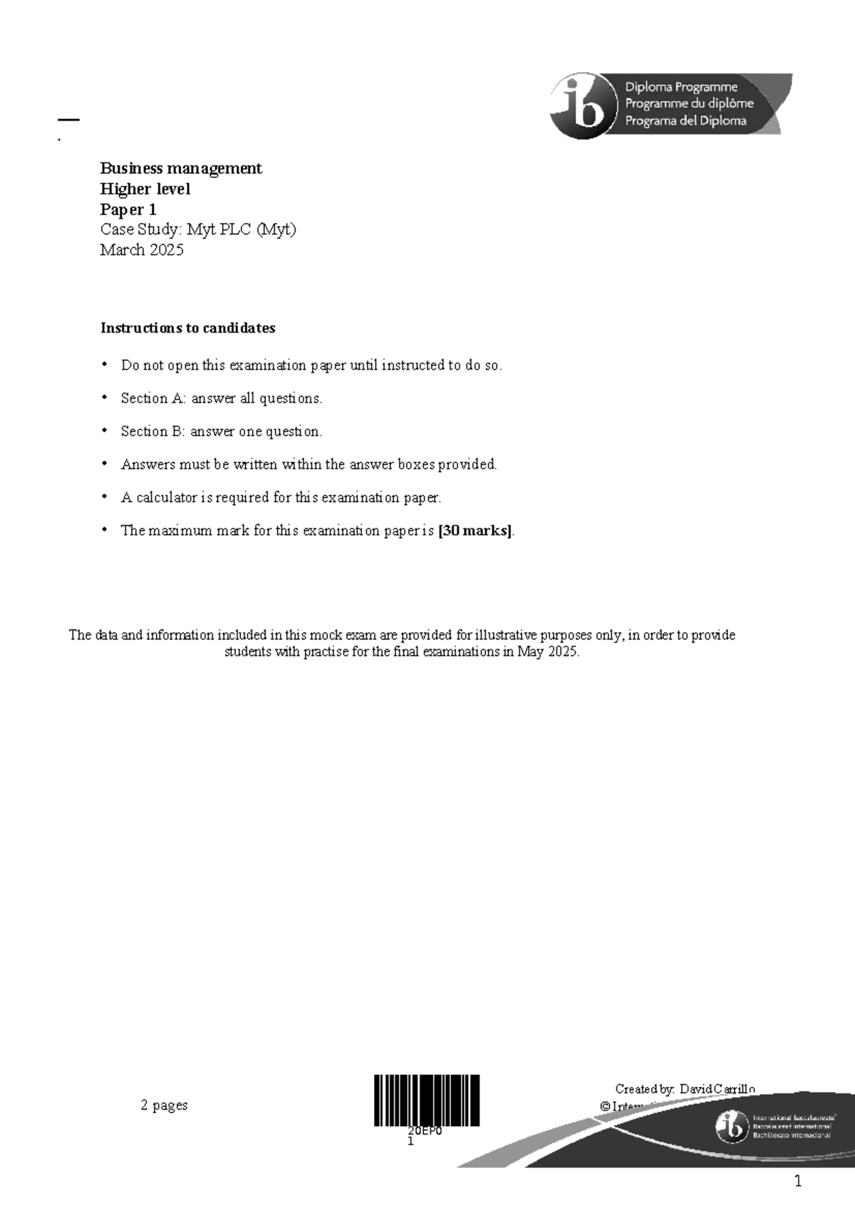 IB Business Management HL Paper 1 Case Study: Myt PLC Practice Exam ...