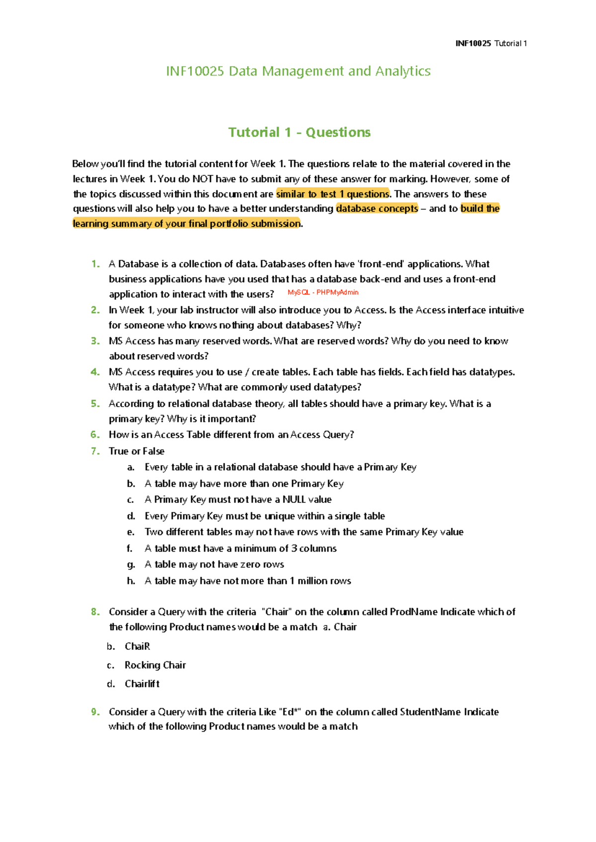 INF10025 Tutorial 01 Questions for Week 1 - Database Concepts - Studocu