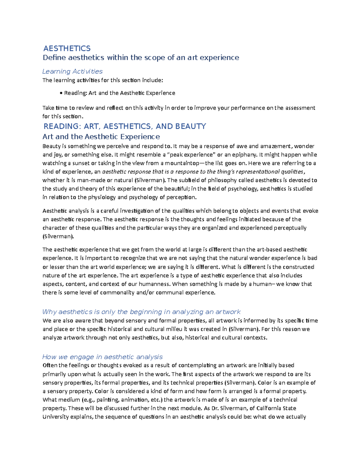 Art Appreciation: Aesthetics and Value - Module 3 Insights - Studocu