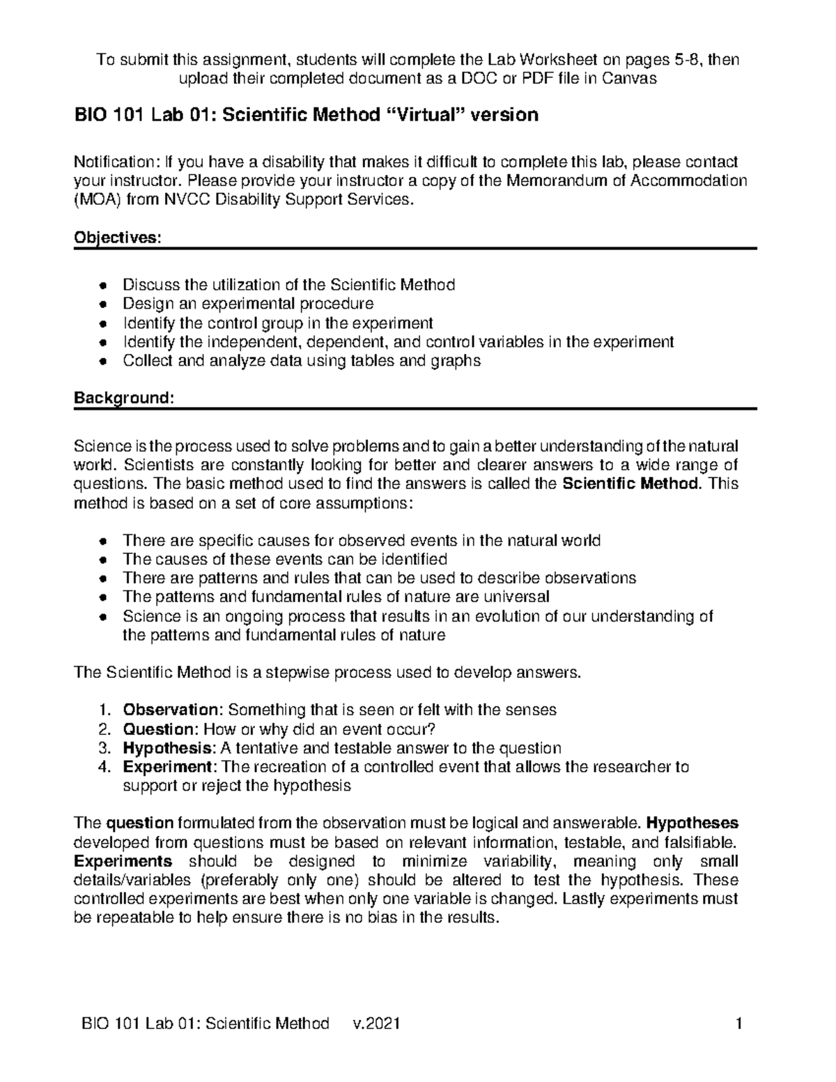 BIO 101 Lab 01: Scientific Method Worksheet and Data Analysis - Studocu