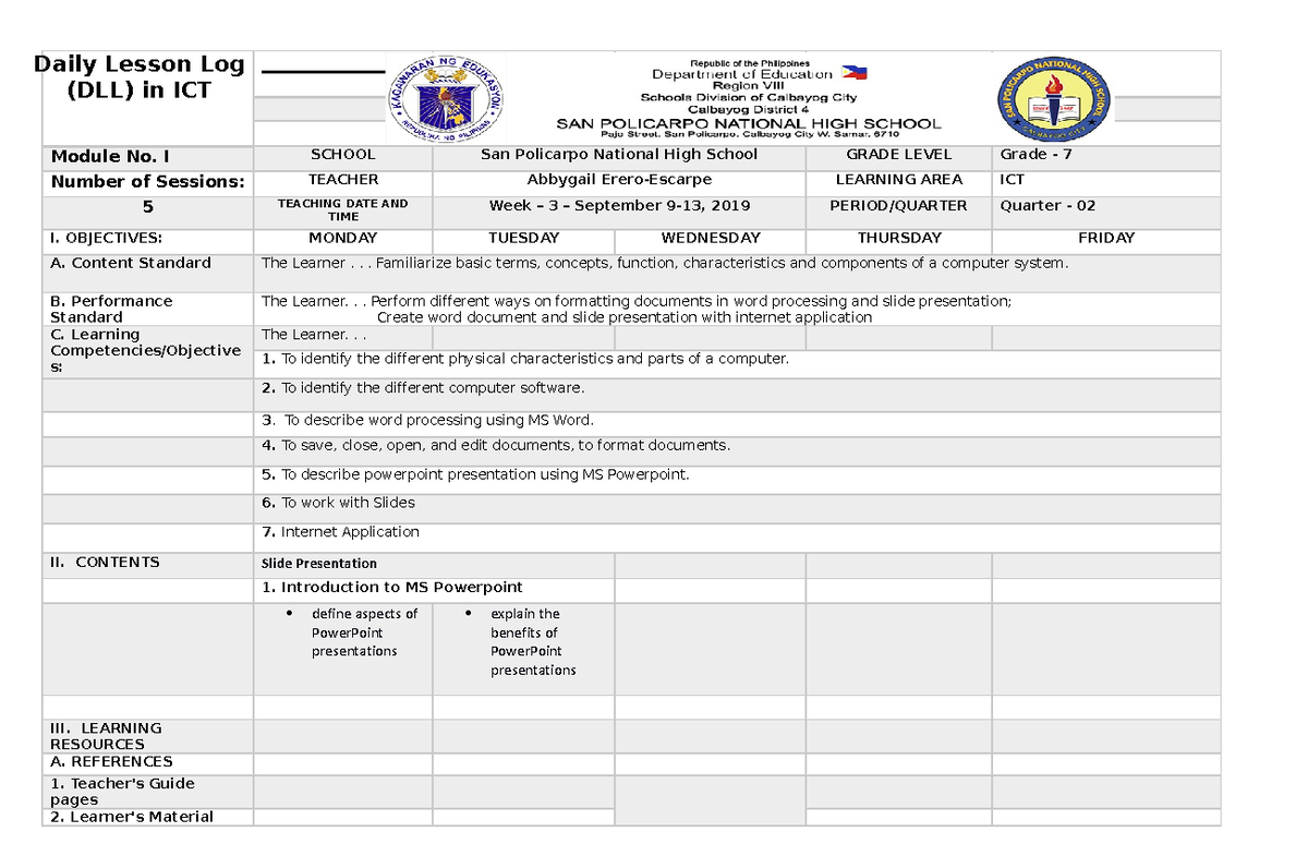 Daily Lesson Log (DLL) for ICT 7 - Module 1, September 2019 - Studocu