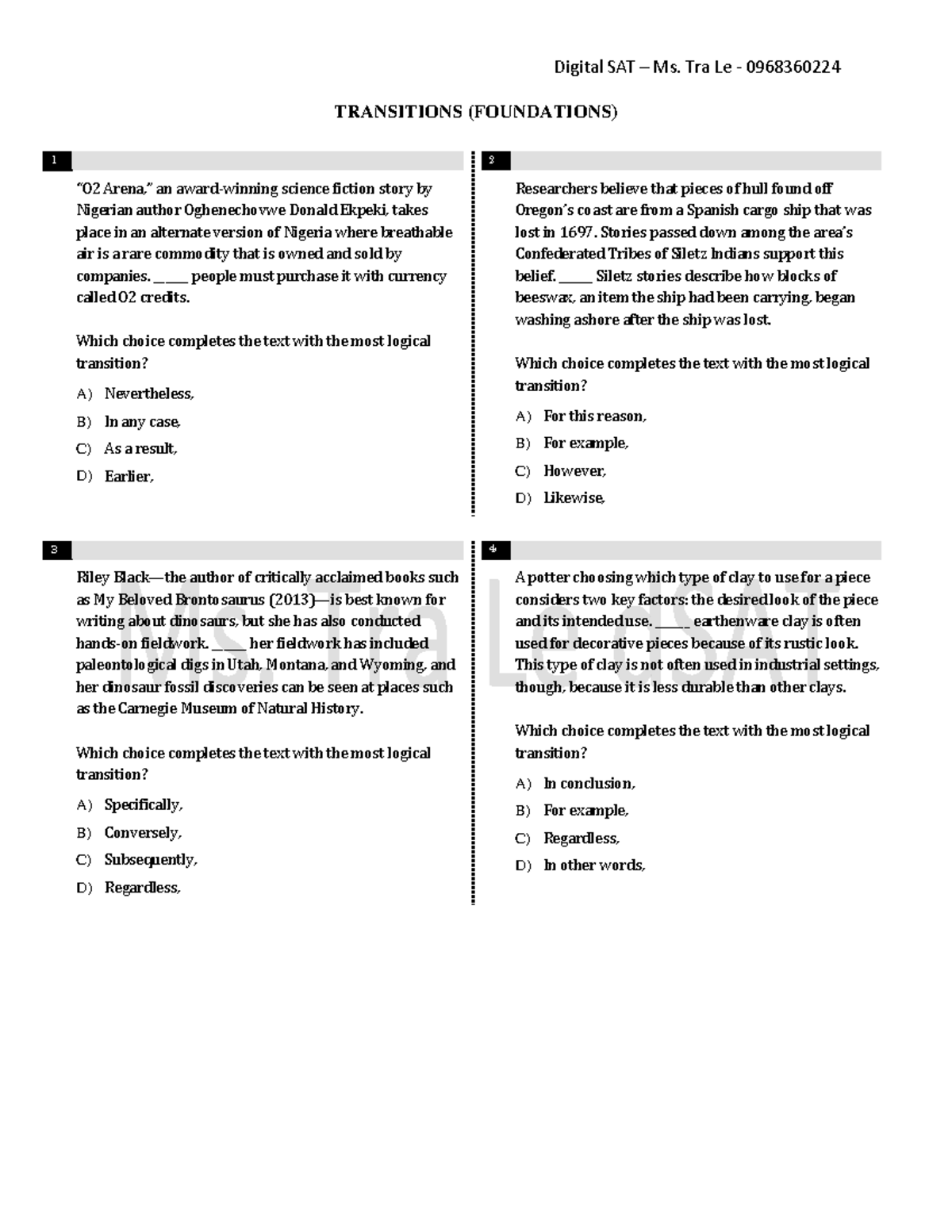 F10 - nothing - Digital SAT – Ms. Tra Le - 0968360224 TRANSITIONS ...