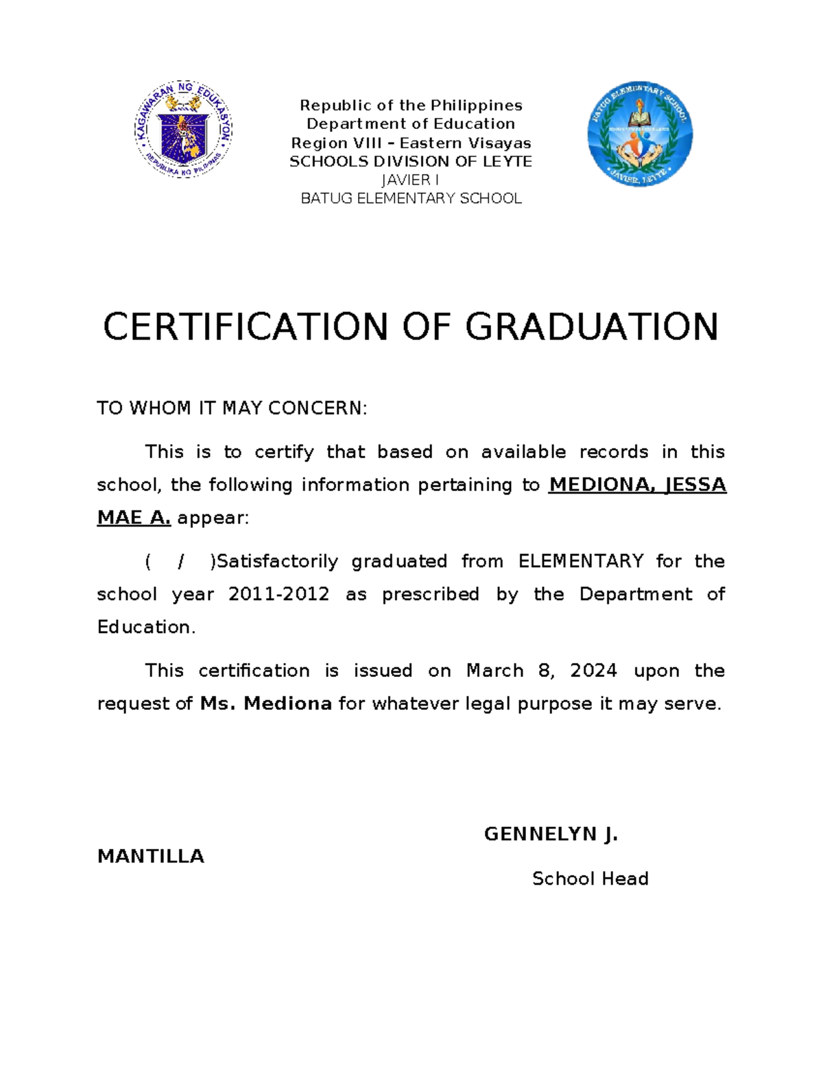 Certificate of graduation - Republic of the Philippines Department of ...