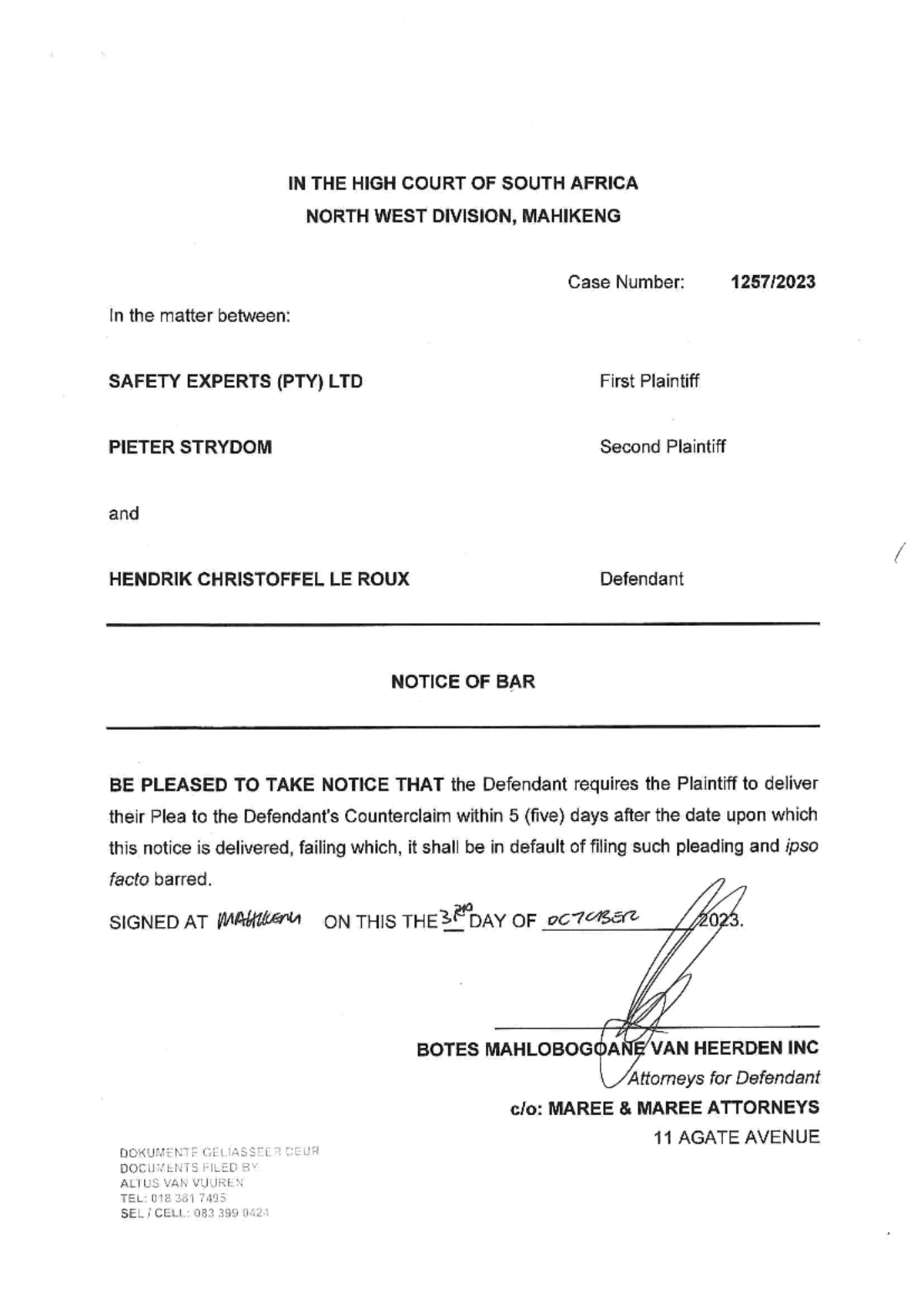 Notice of Bar - Sample Document for Review - Studocu