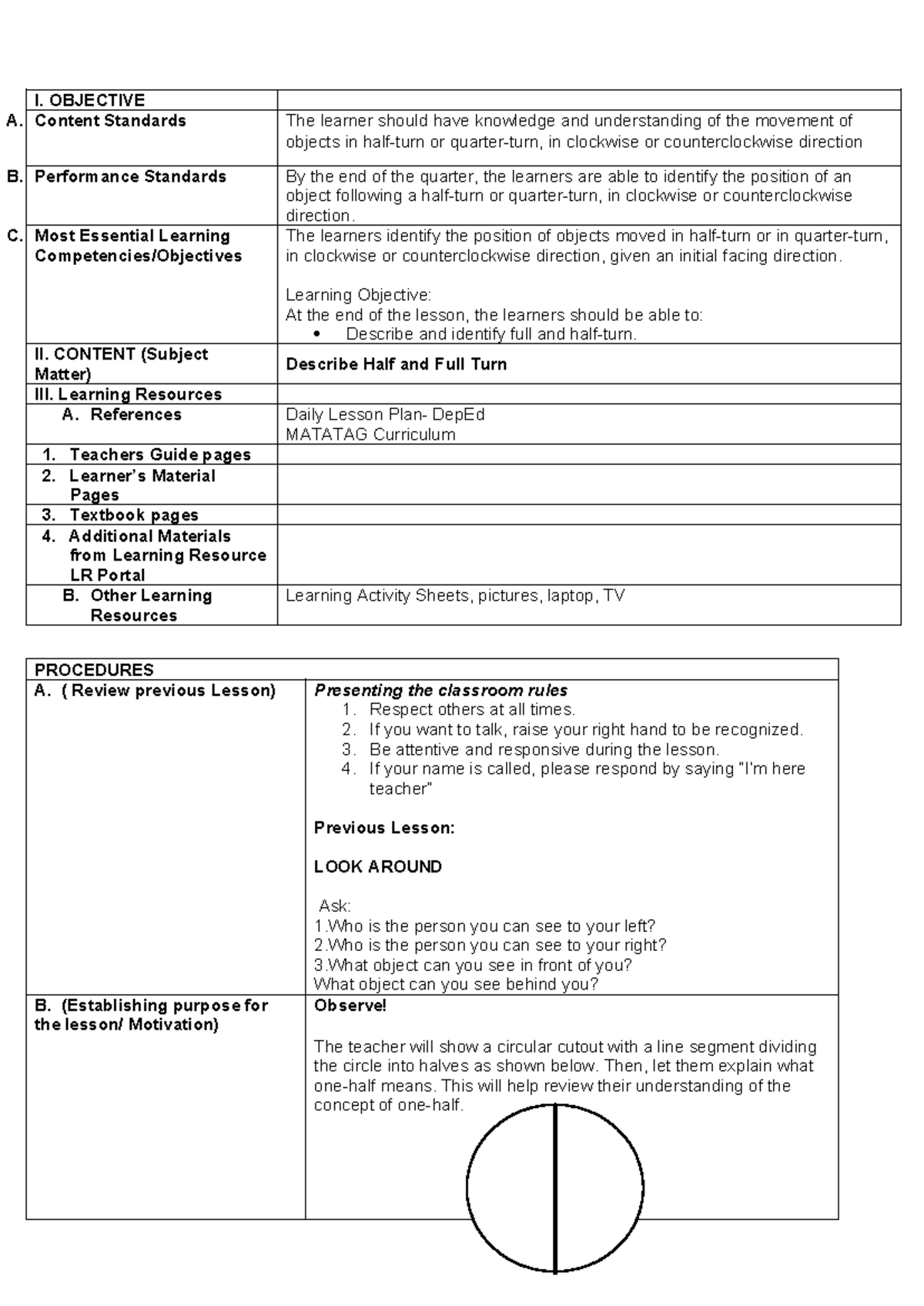 Math 5 - Lesson Plan: Understanding Half and Full Turns - Studocu