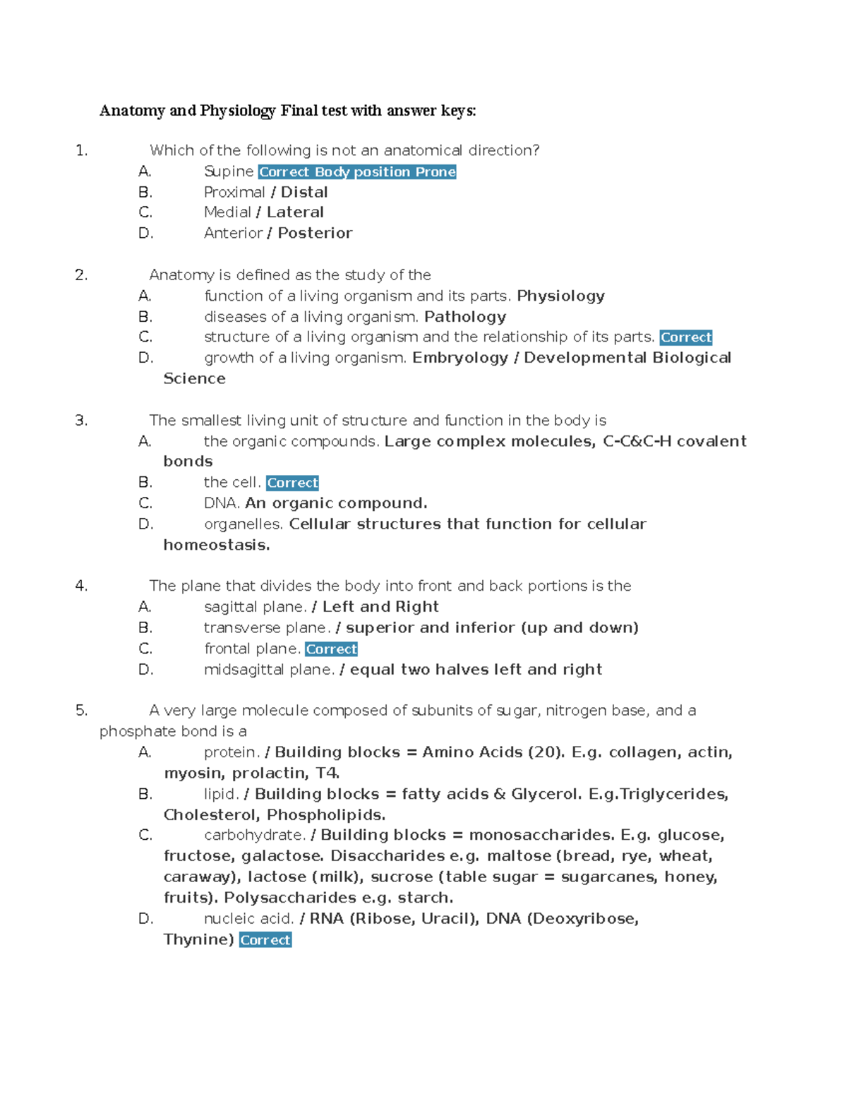 Anatomy and Physiology Final test with explainations - Anatomy and ...