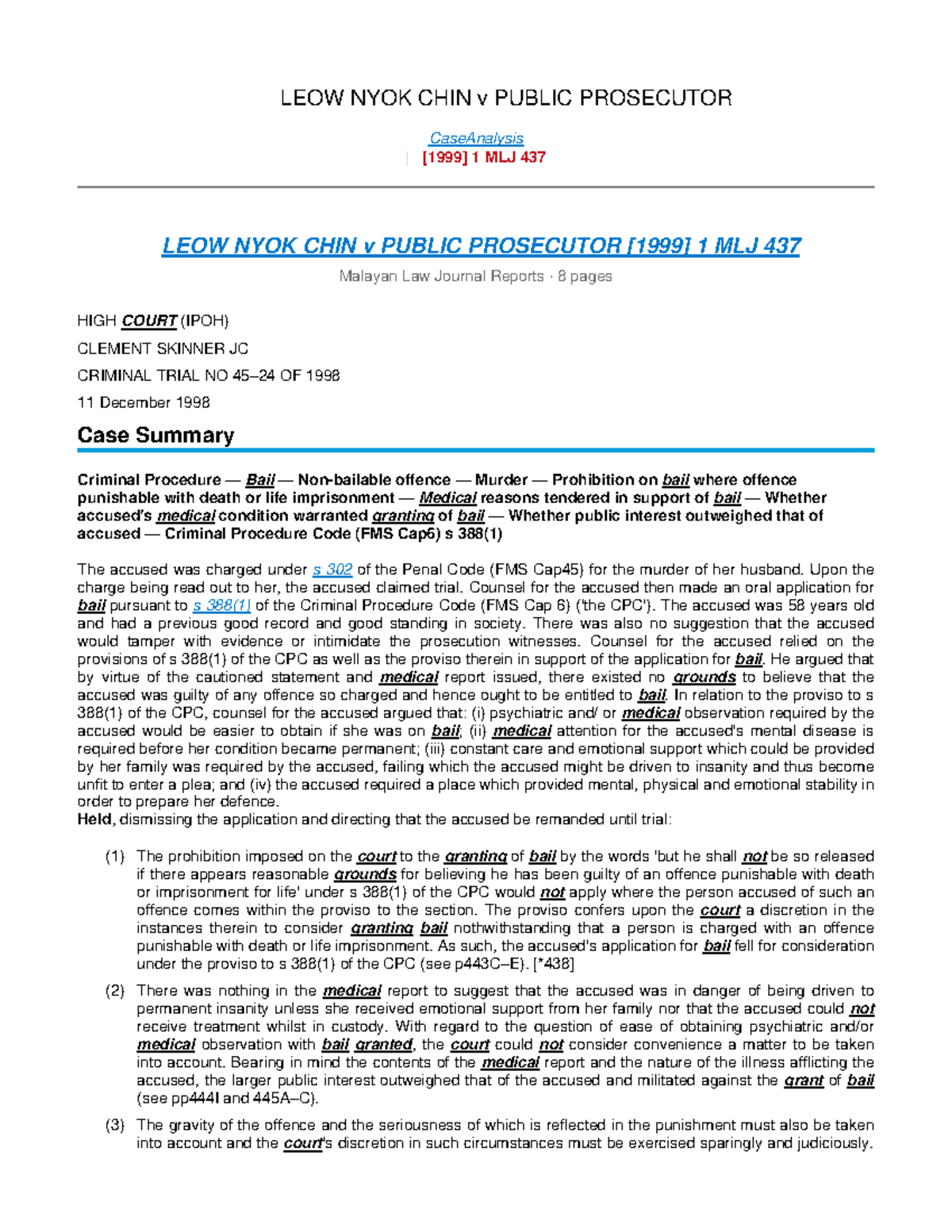LEOW NYOK CHIN v PUBLIC PROSECUTOR: Bail Application Analysis [1999] 1 ...