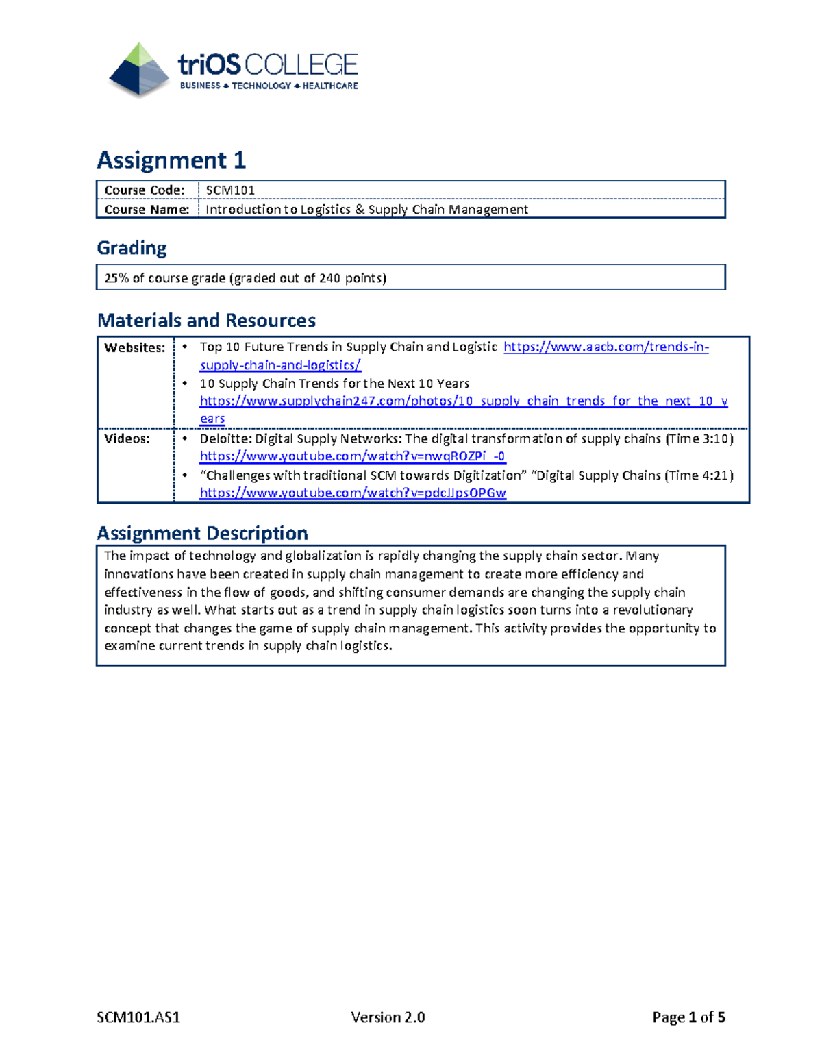 Assignment Instructions - Assignment 1 - Assignment 1 Course Code: SCM ...