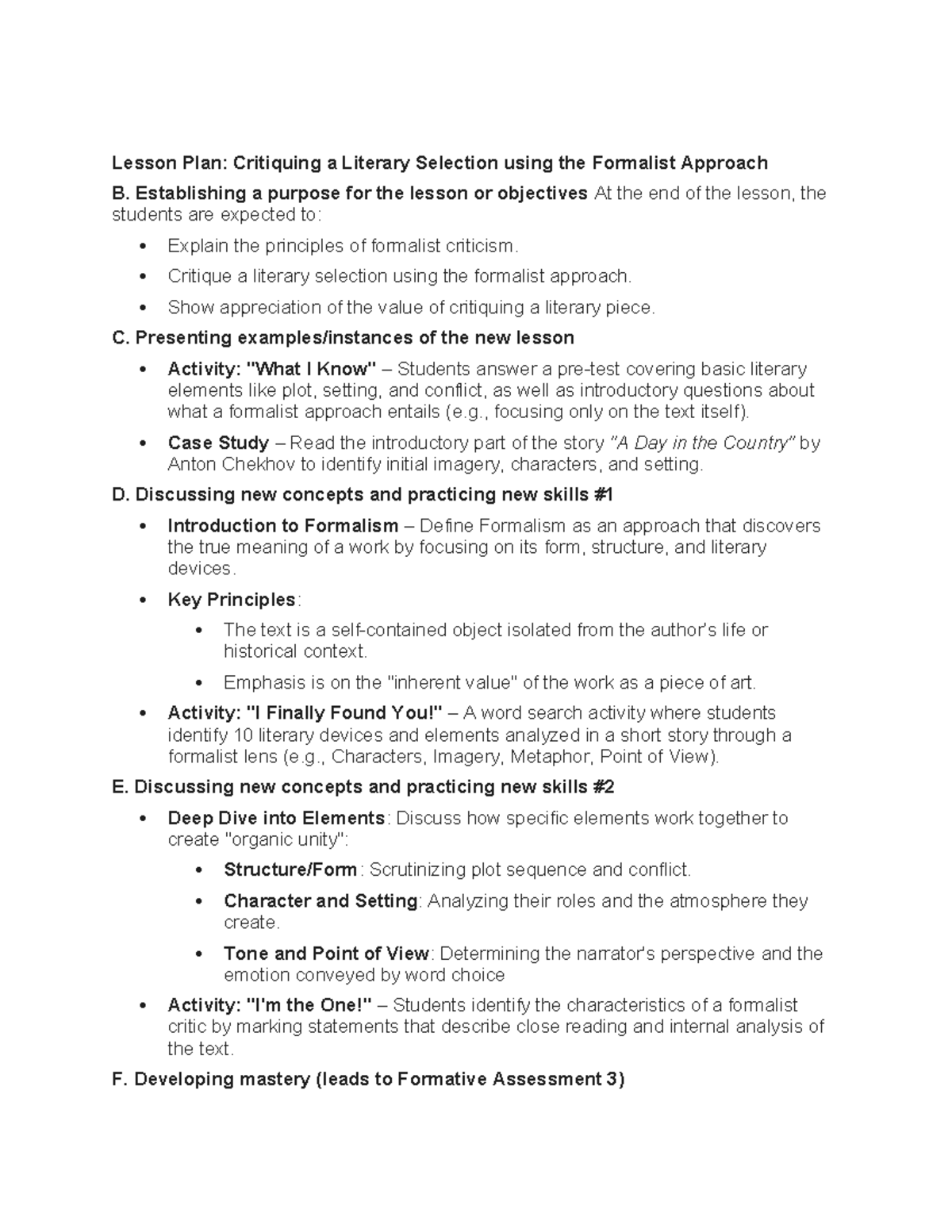 Lesson Plan: Critiquing a Literary Selection Using the Formalist ...