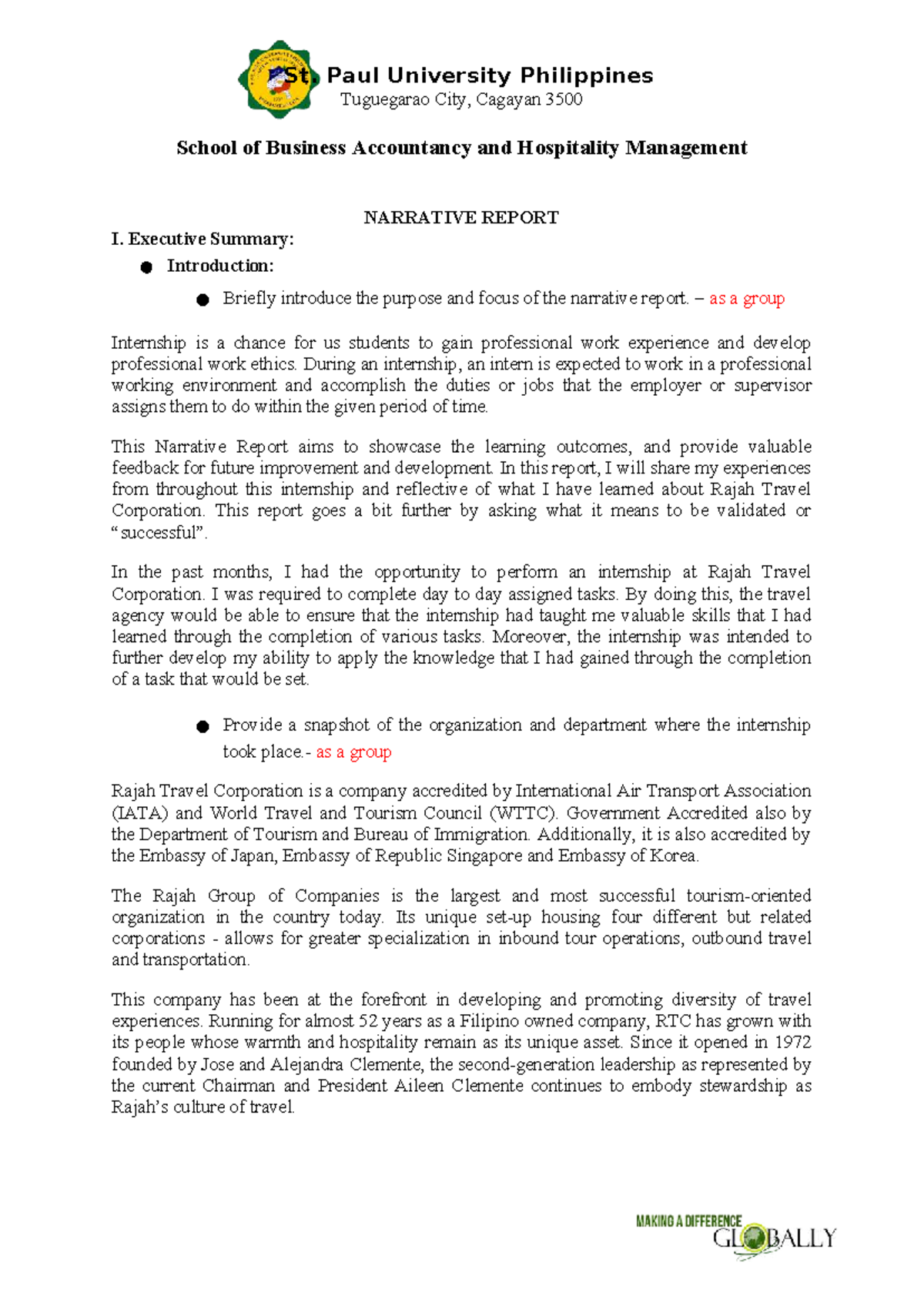 021124 Rajah Travel Corp Internship Narrative Report - Studocu