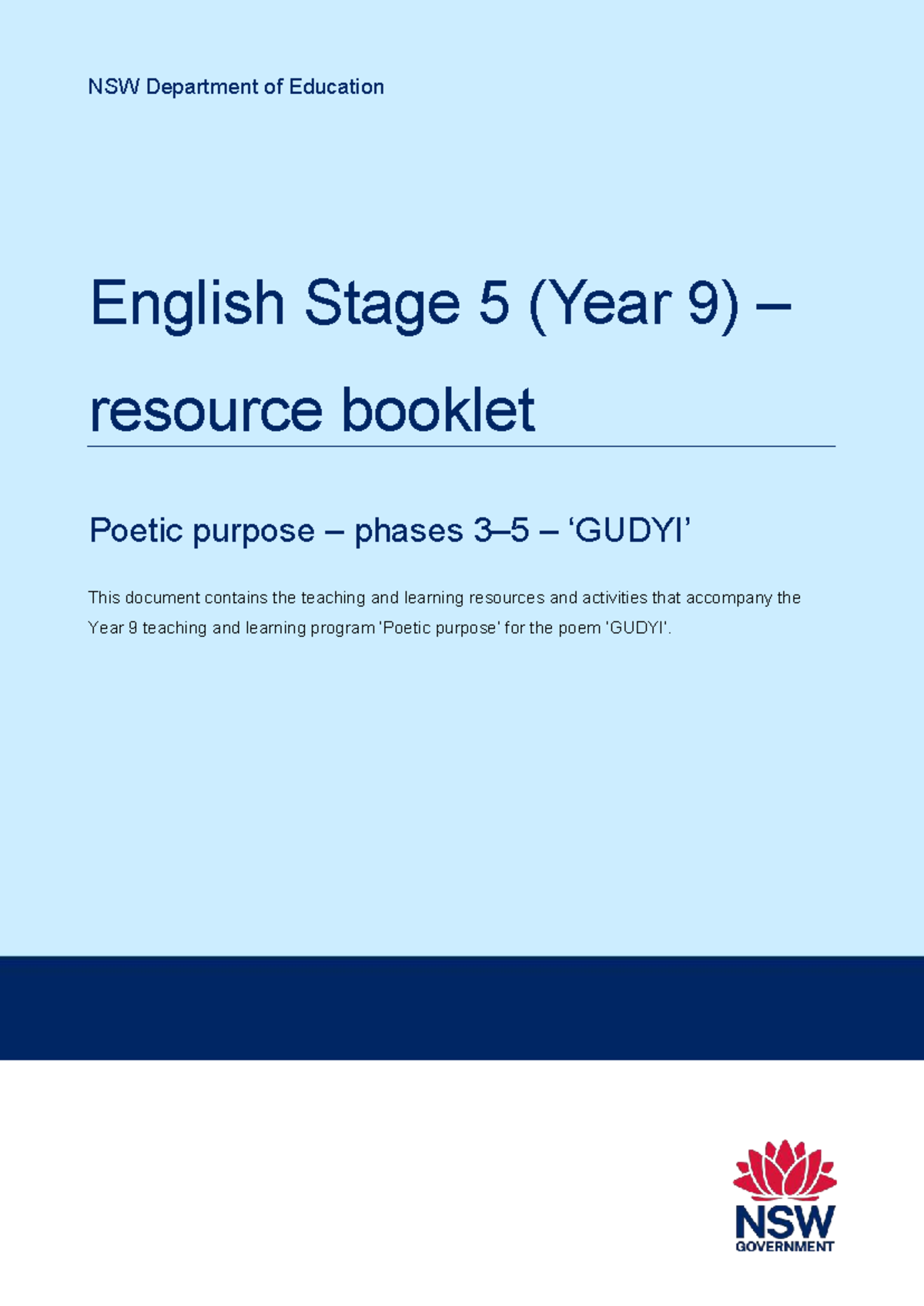 NSW English Stage 5 (Year 9) Poetic Purpose Resource Booklet - Studocu
