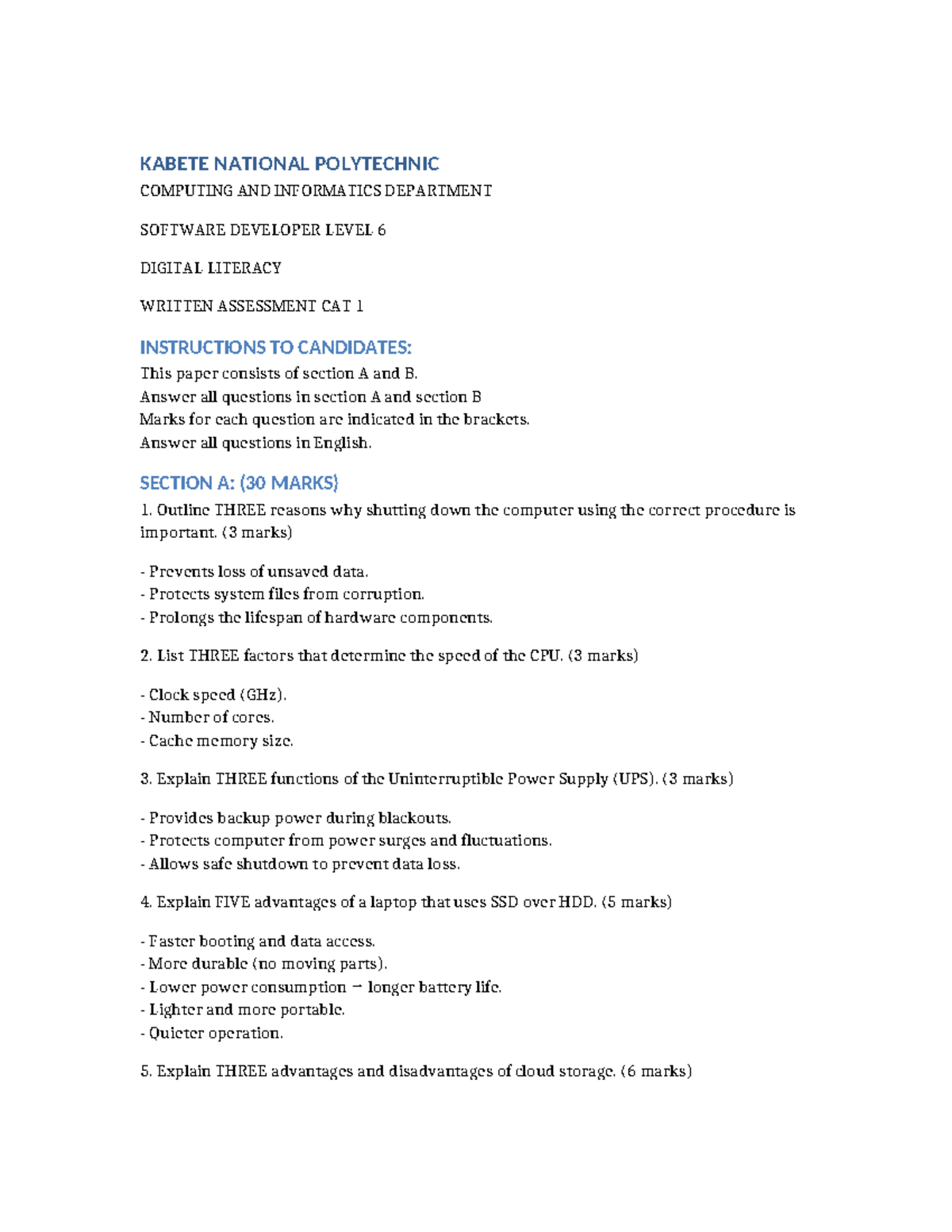 Digital Literacy CAT 1 - Software Developer Level 6 Assessment - Studocu