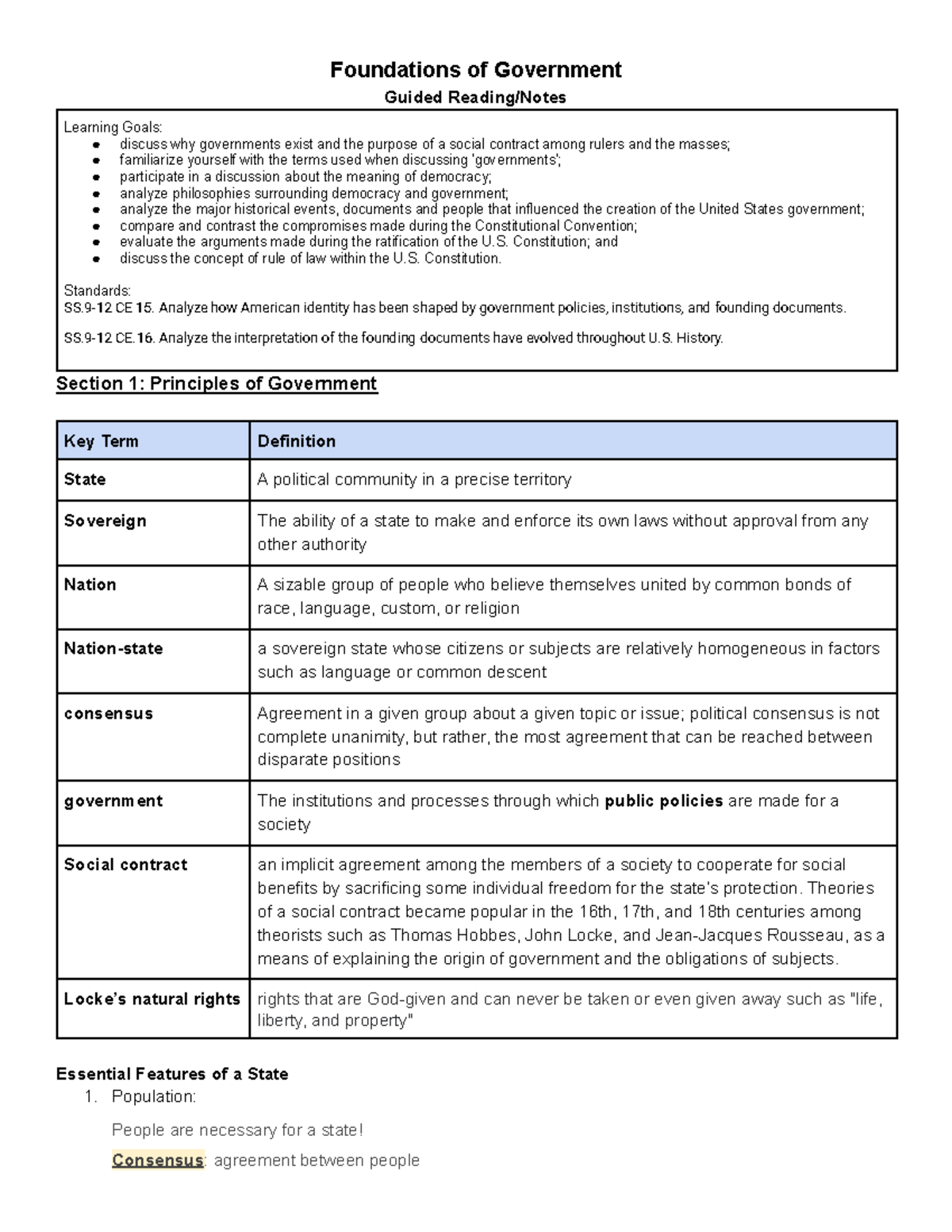 AP US GOV Unit 1 Foundations of Government Guided Reading Notes ...