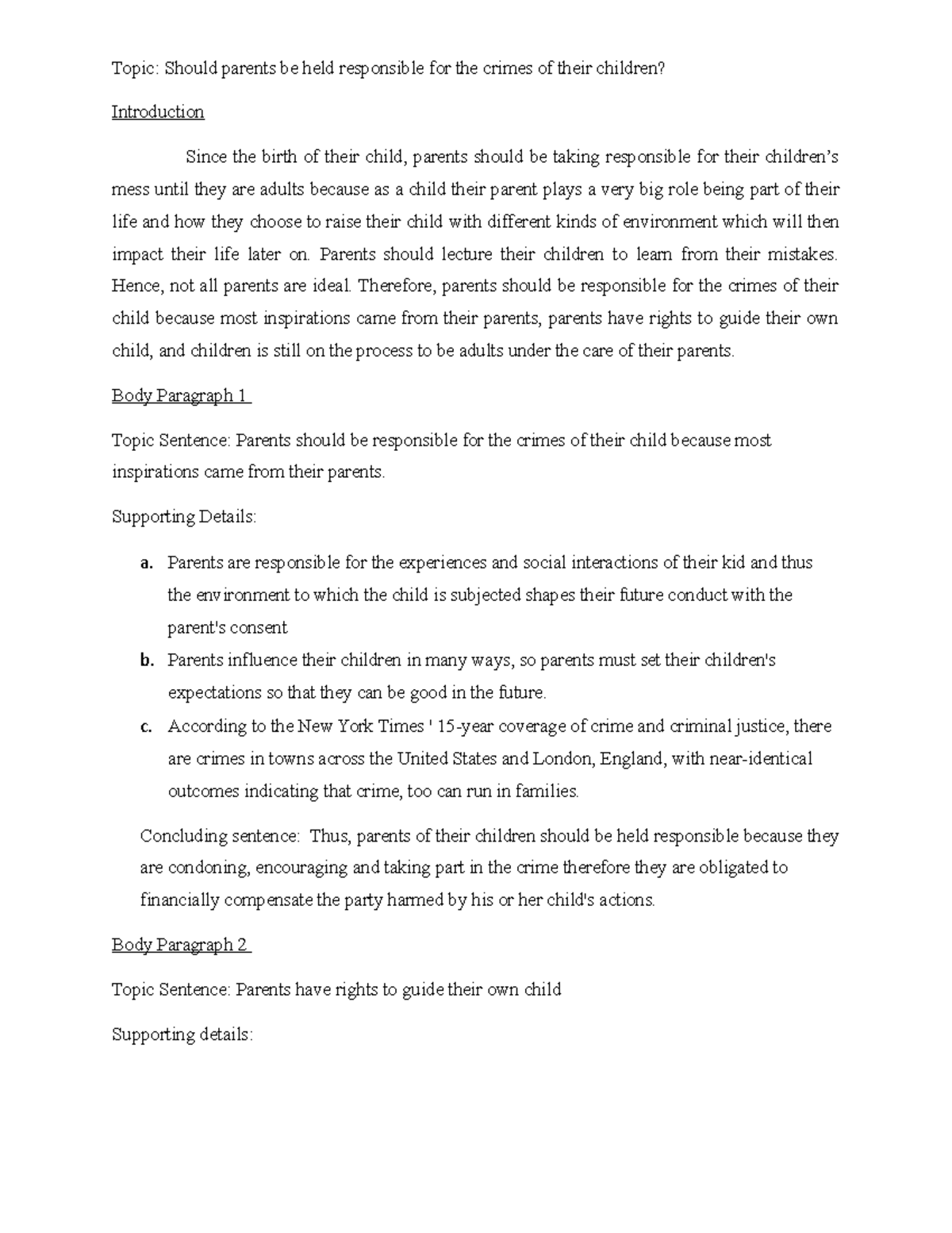 Argumentative essay outline - Topic: Should parents be held responsible ...