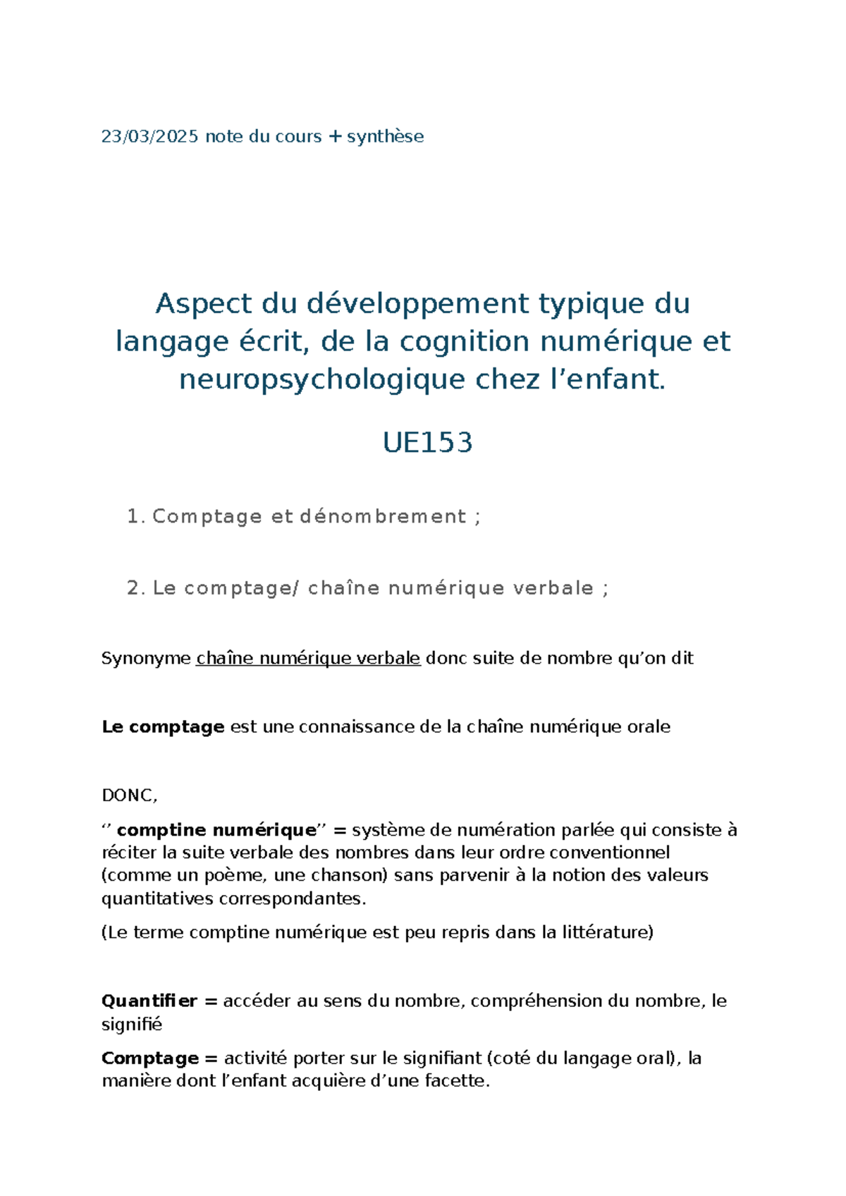 Aspect Num 2.2 : Comptage et Dénombrement - UE153 - Studocu