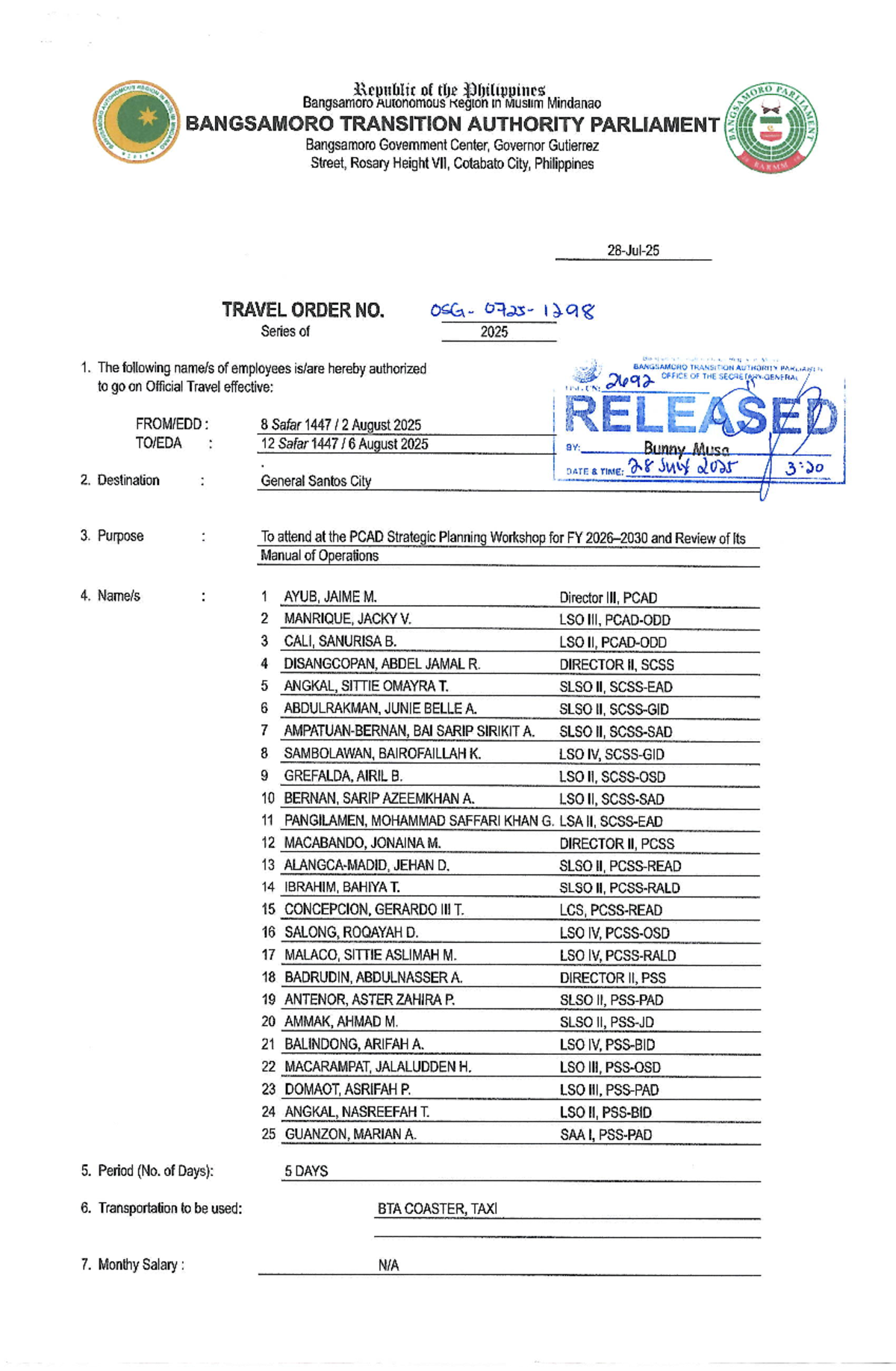 BTA Travel Order No. 2025: Official Travel to General Santos City - Studocu