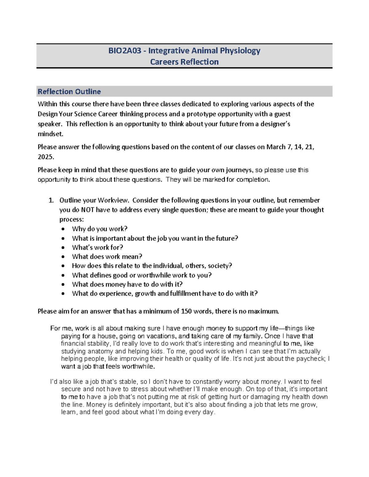 Bio2a03 career reflection outline: Integrating workview and lifeview ...
