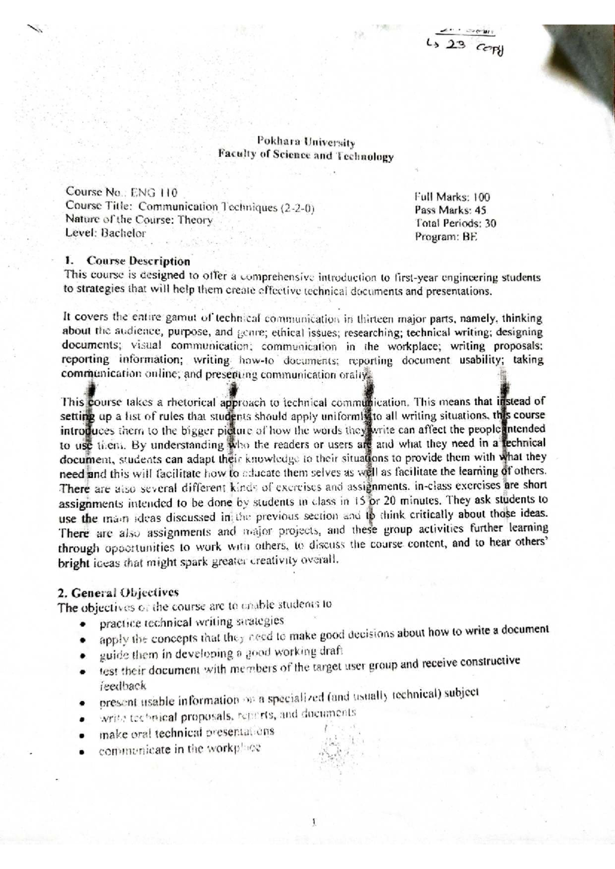ENG 110: Communication Techniques Course Syllabus - Pokhara University ...